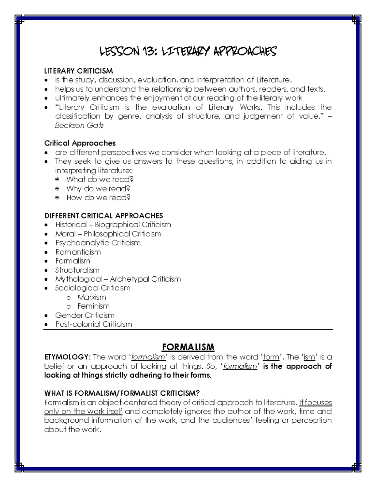 Lesson 13 - Literary Approaches - LITERARY CRITICISM is the study ...