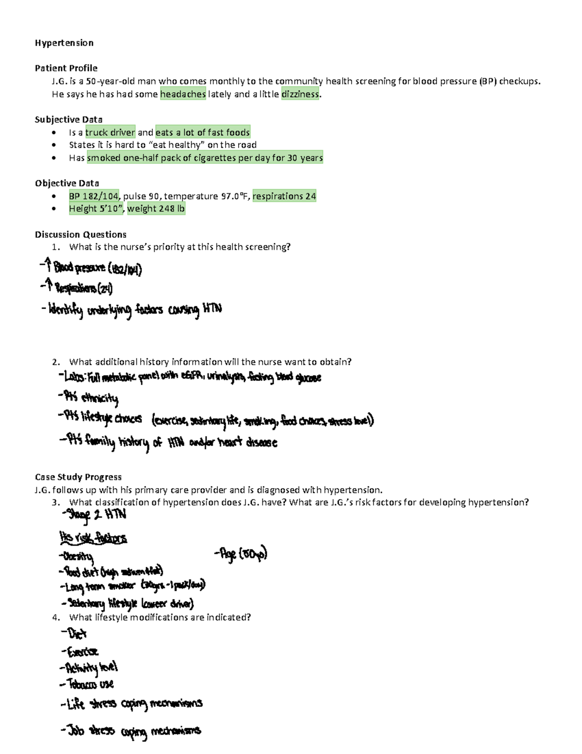 NURS 300 Week 5 Hypertension Case Study - Hypertension Patient Profile ...
