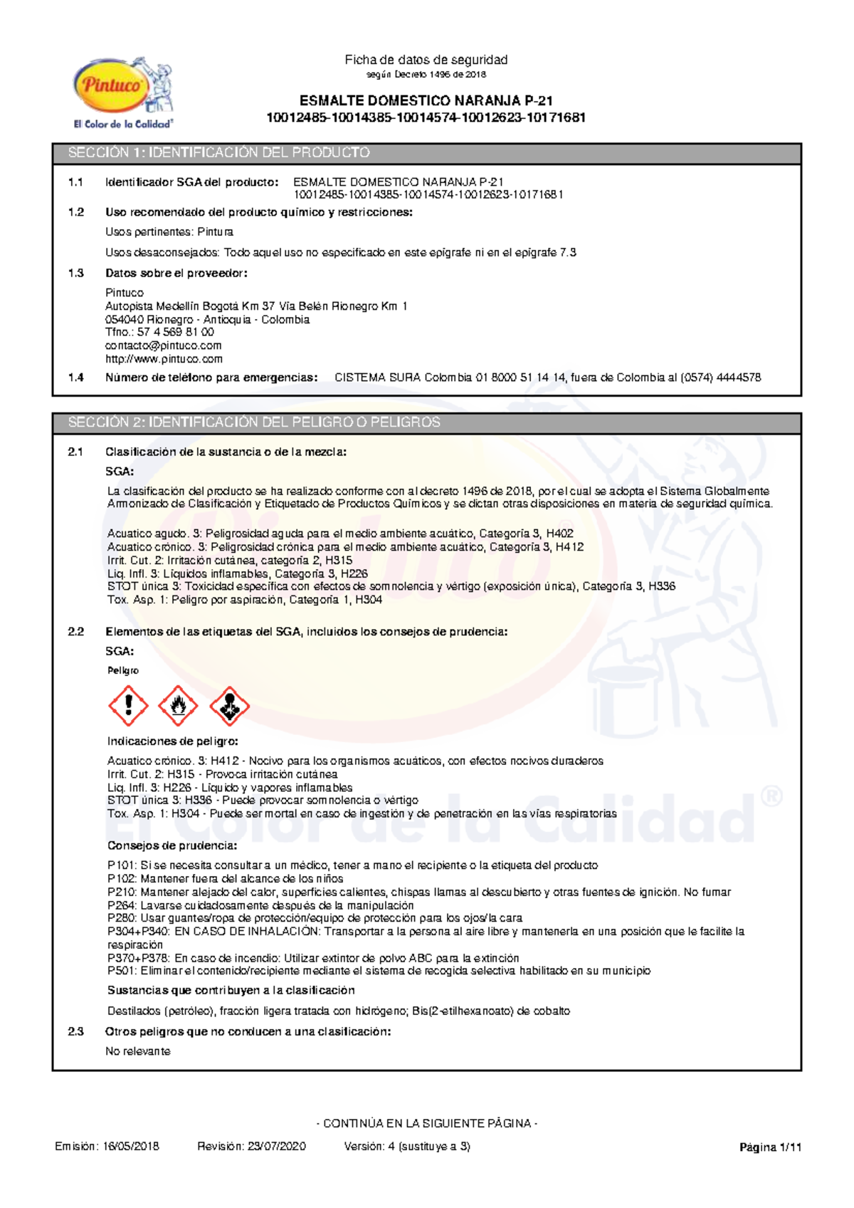 HOJA DE Seguridad P-21 Domestico - ESMALTE DOMESTICO NARANJA P- 21 10012485 - 10014385 ...