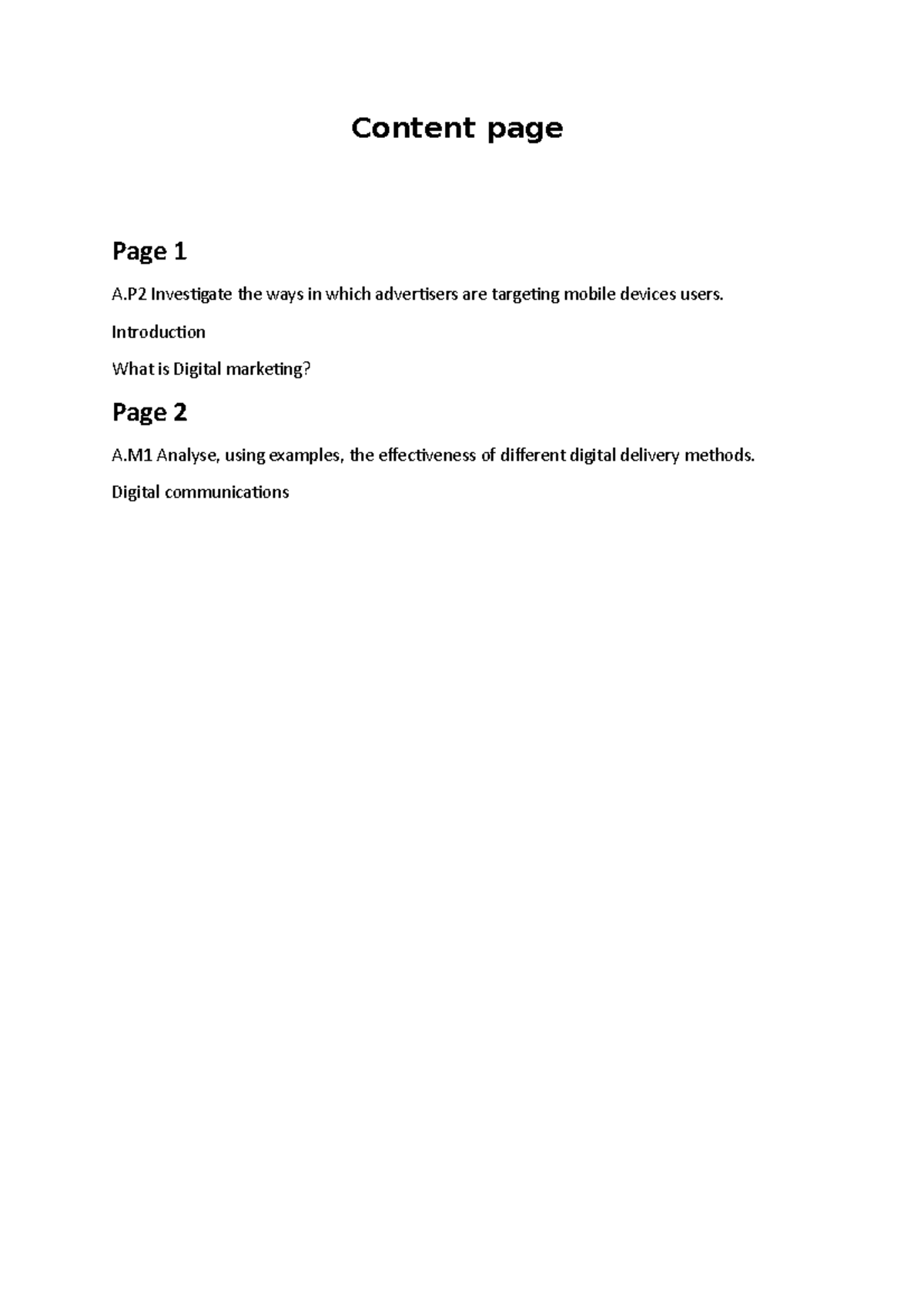 Digital marketing assignment - Content page Page 1 A Investigate the ...