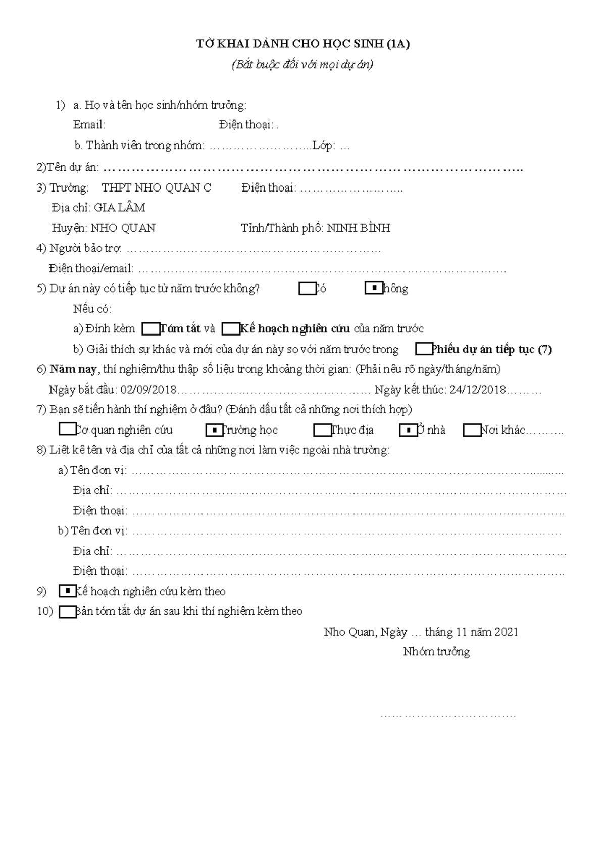 1a Phieu hoc sinh - m,mkkkl - TỜ KHAI DÀNH CHO HỌC SINH (1A) (Bắt buộc ...