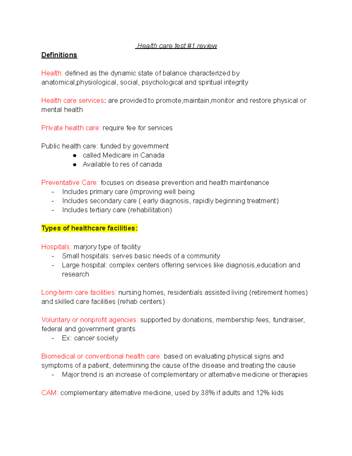 Health care test #1 review - Health care test #1 review Definitions ...