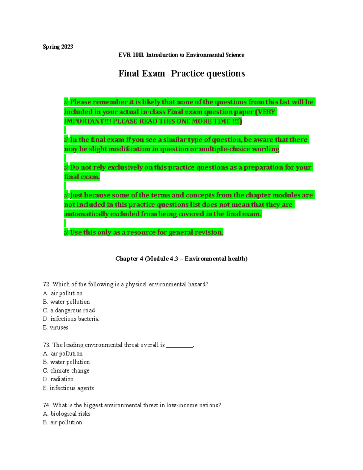 EVR - Final Exam Study Guide - Spring 2023 EVR 1001 Introduction to ...