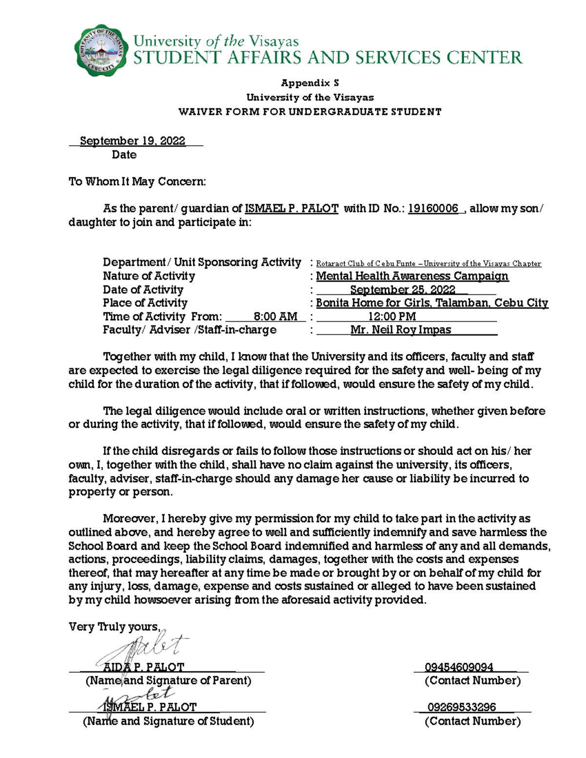 Anino-Waiver Ismael Palot - Appendix S University of the Visayas WAIVER ...