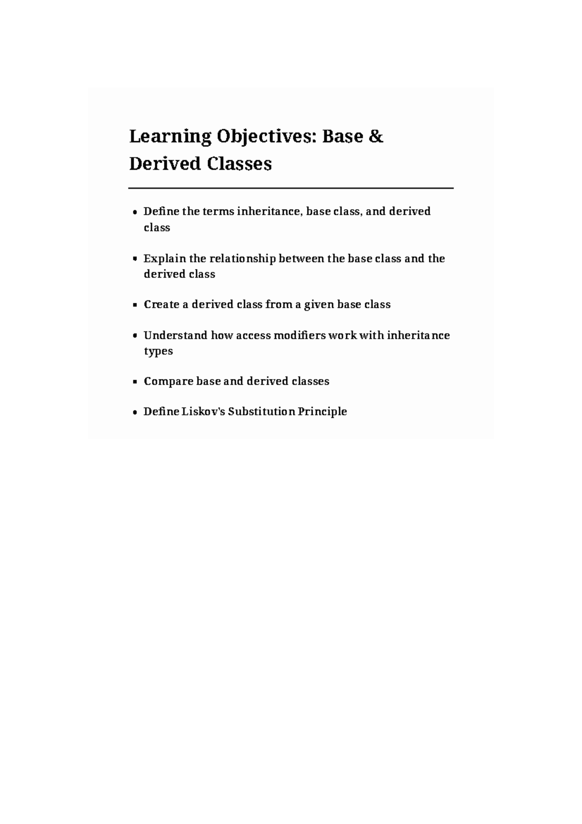 C++ - fjkyuhijk - Learning Objectives: Base & Derived Classes Define ...