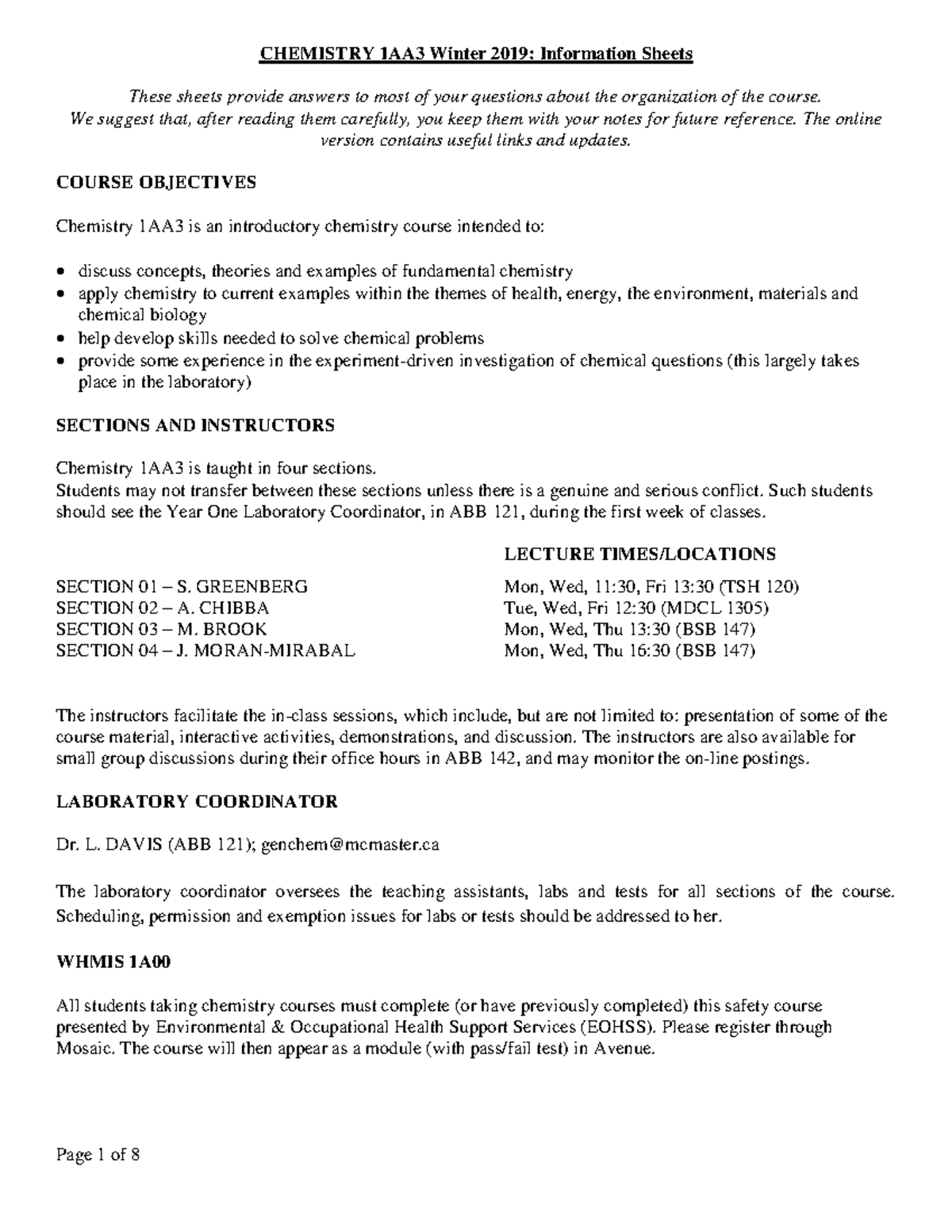 1AA3Winter 19-Info Sheets-draft 4 - Chem 1Aa3 - McMaster - Studocu