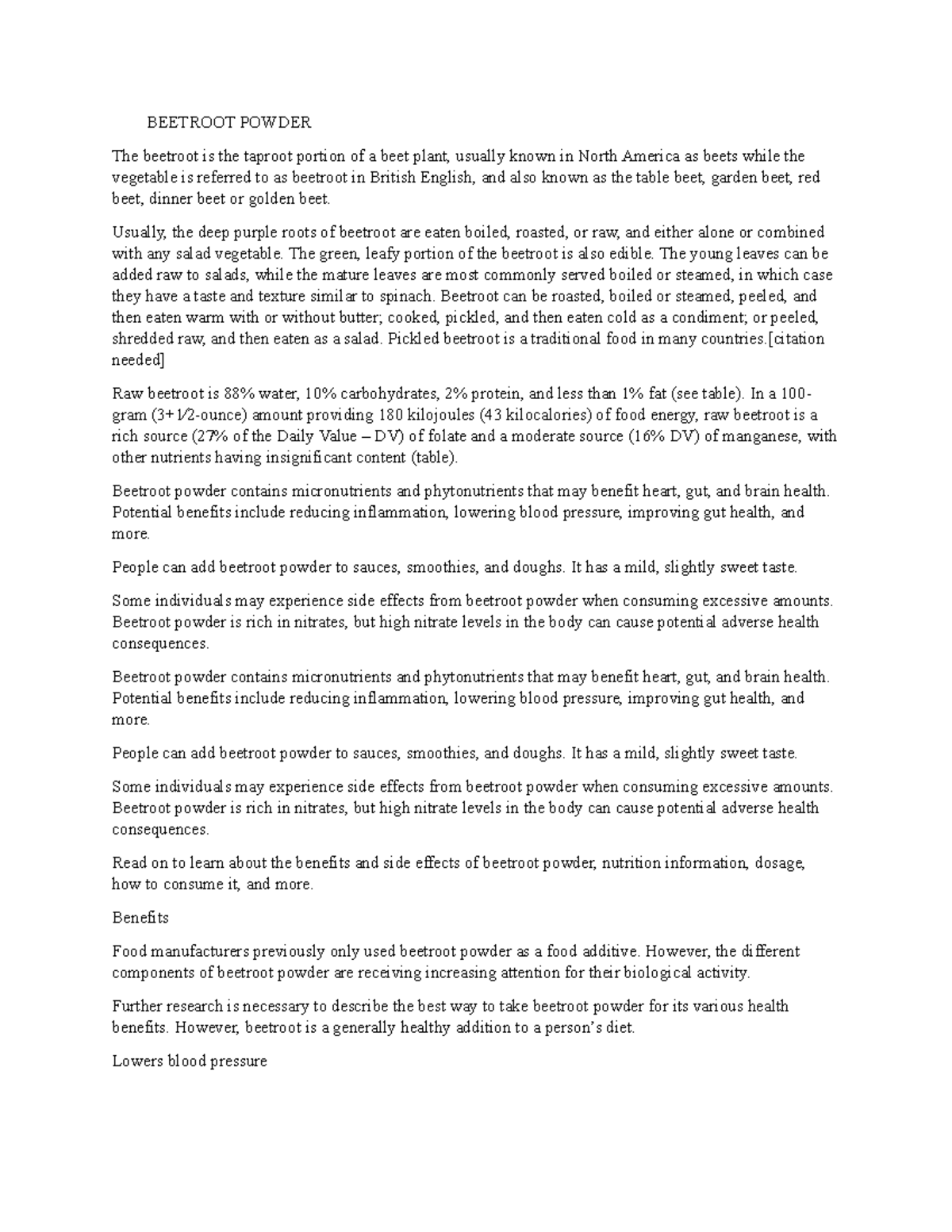 Project - Introduction on beetroot - BEETROOT POWDER The beetroot is the taproot portion of a ...