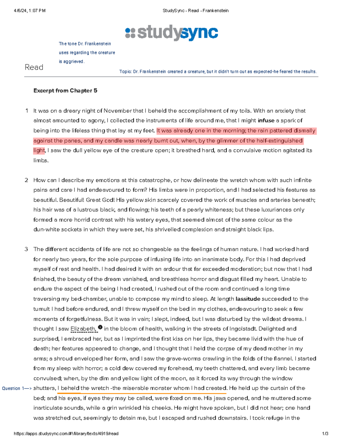 Frankenstein Chapter 5 - 4/6/24, 1:07 PM StudySync - Read ...