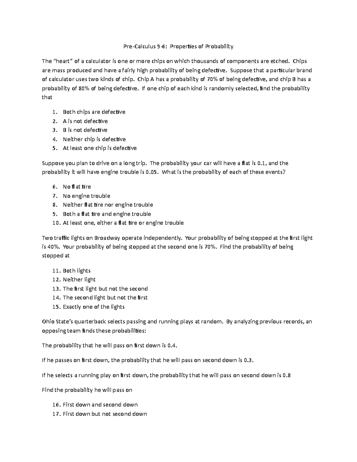 Pre-Calculus 9-6 Properties of Probability WS - Pre-Calculus 9-6 ...