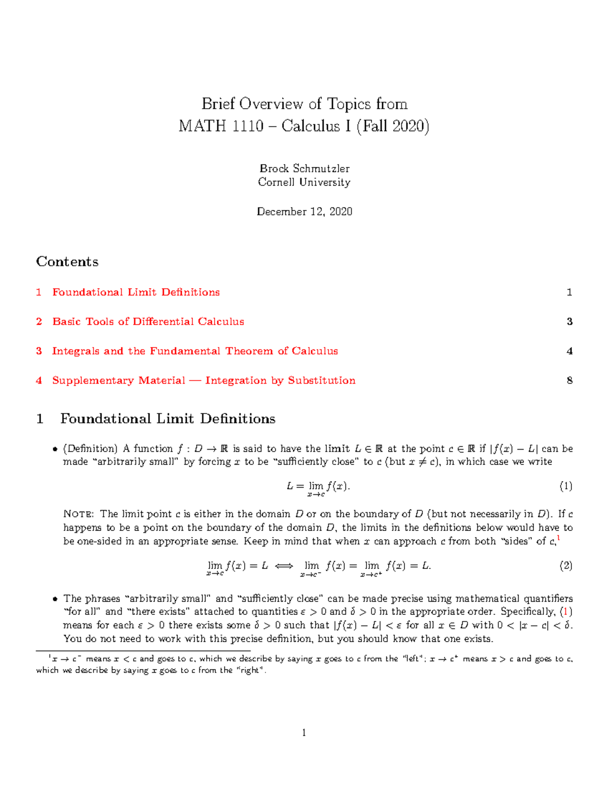 1110 Overview - Brief Overview of Topics from MATH 1110 – Calculus I ...