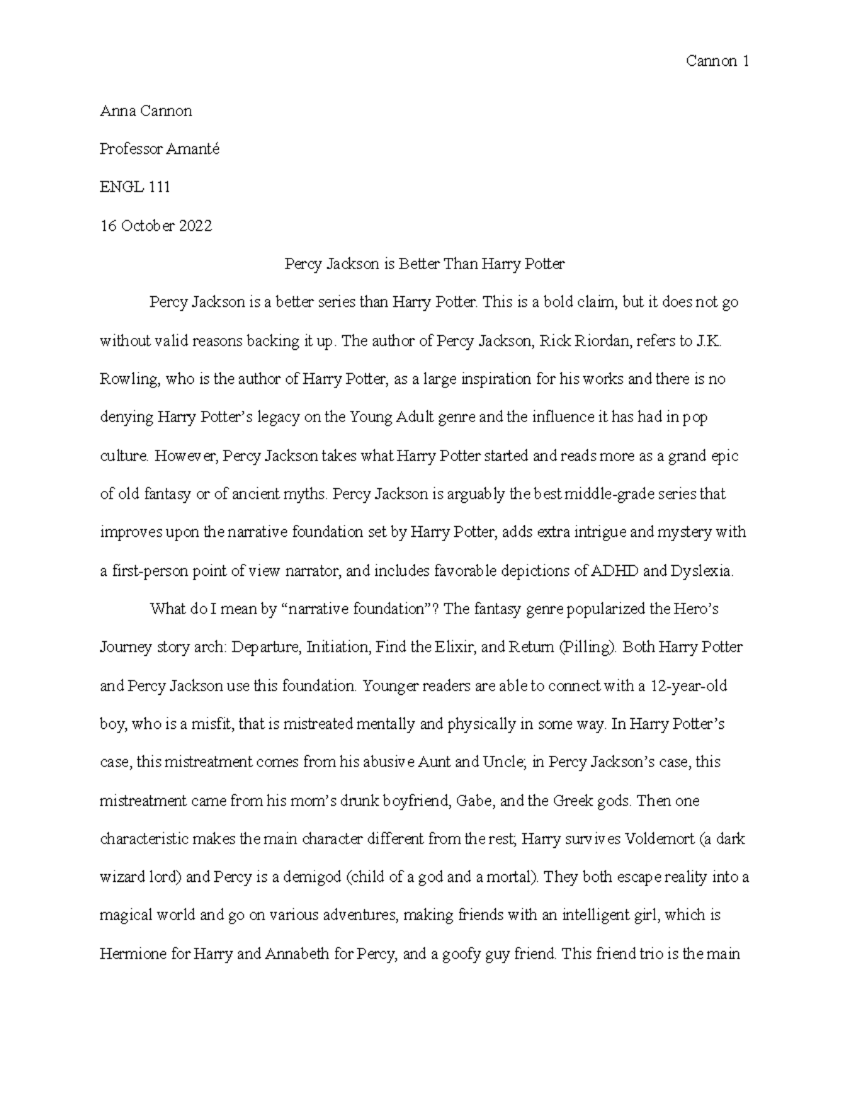 Argumentative Essay Percy Jackson vs. Harry Potter - Anna Cannon ...