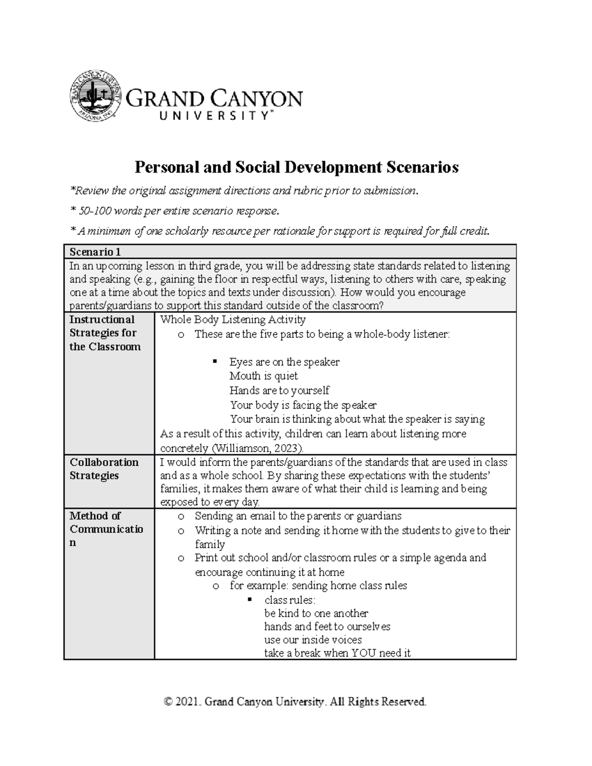 Personal and Social Development Scenarios - * 50-100 words per entire ...