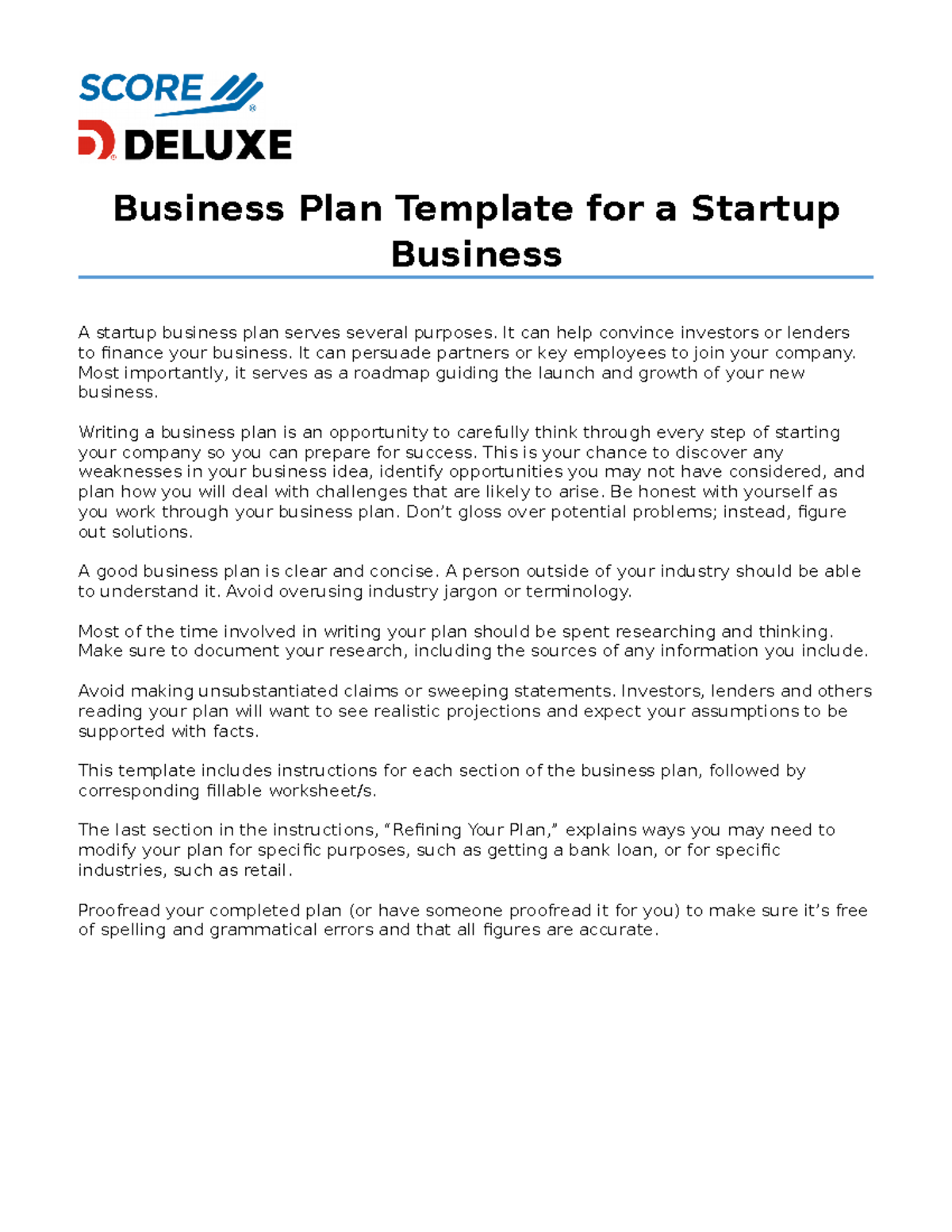 Business Plan Template for a Startup Business - Studocu
