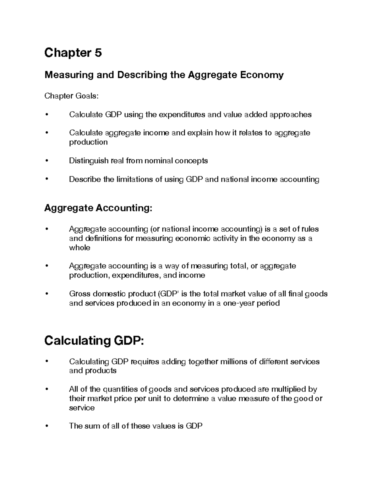 Economic chapter 5 - summaries - Chapter 5 Measuring and Describing the Aggregate Economy ...
