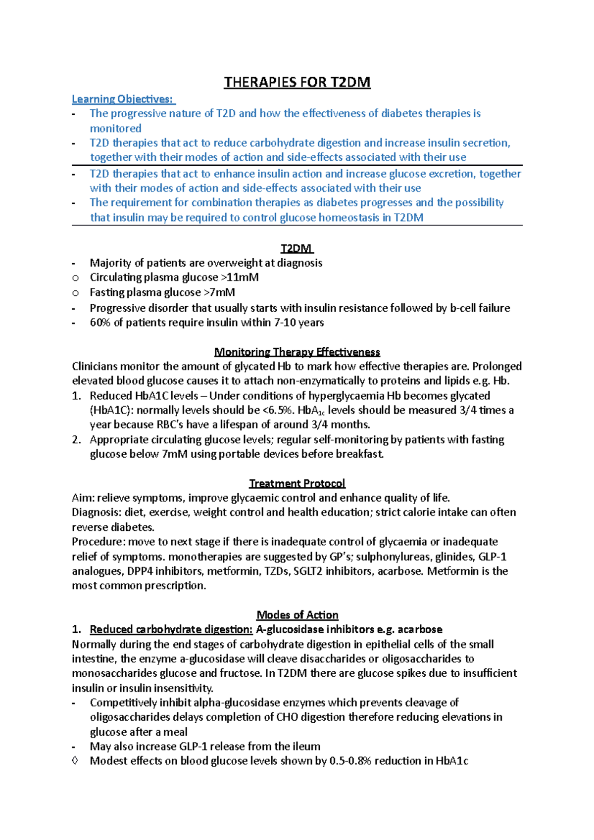 L7 and 8 Therapies Final Notes - THERAPIES FOR T2DM Learning Objectives ...