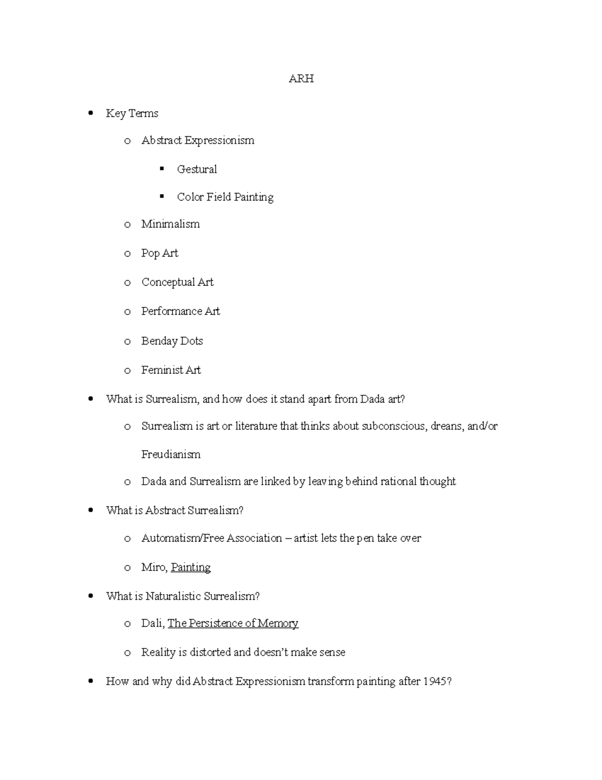 ARH 4-26-18 - ARH 391 notes - ARH Key Terms o Abstract Expressionism ...