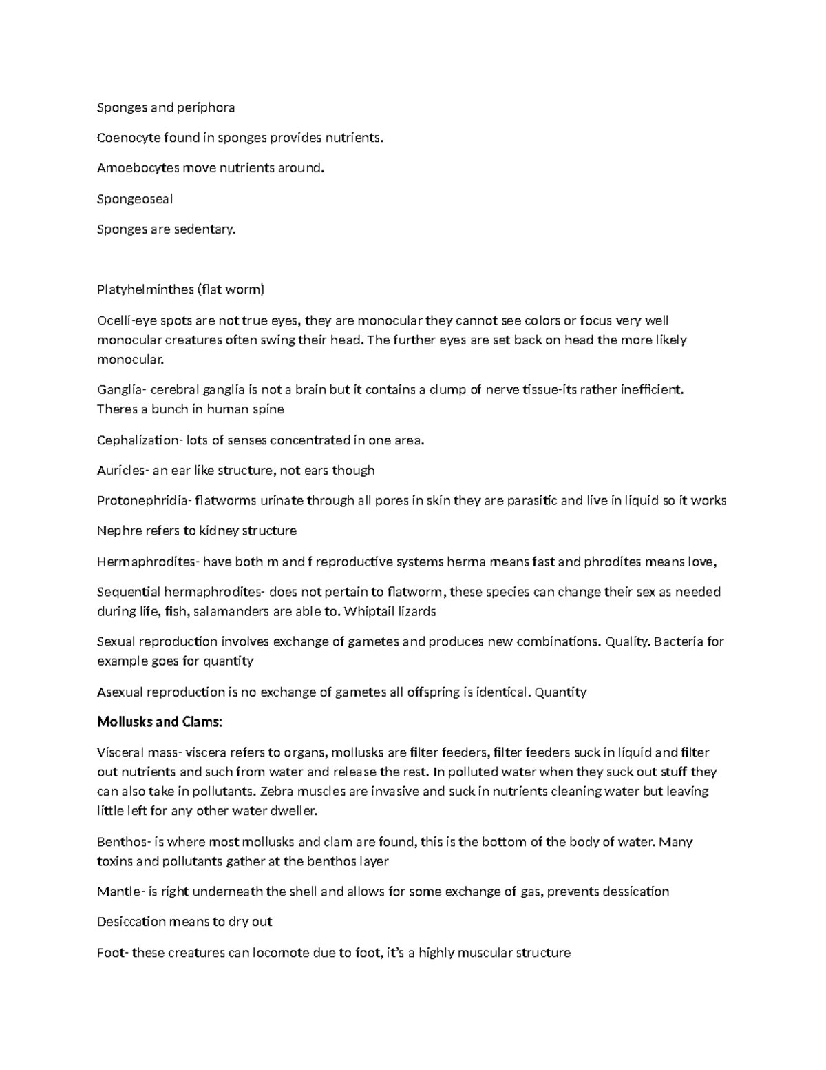 Aff unit 1 notes - Sponges and periphora Coenocyte found in sponges ...