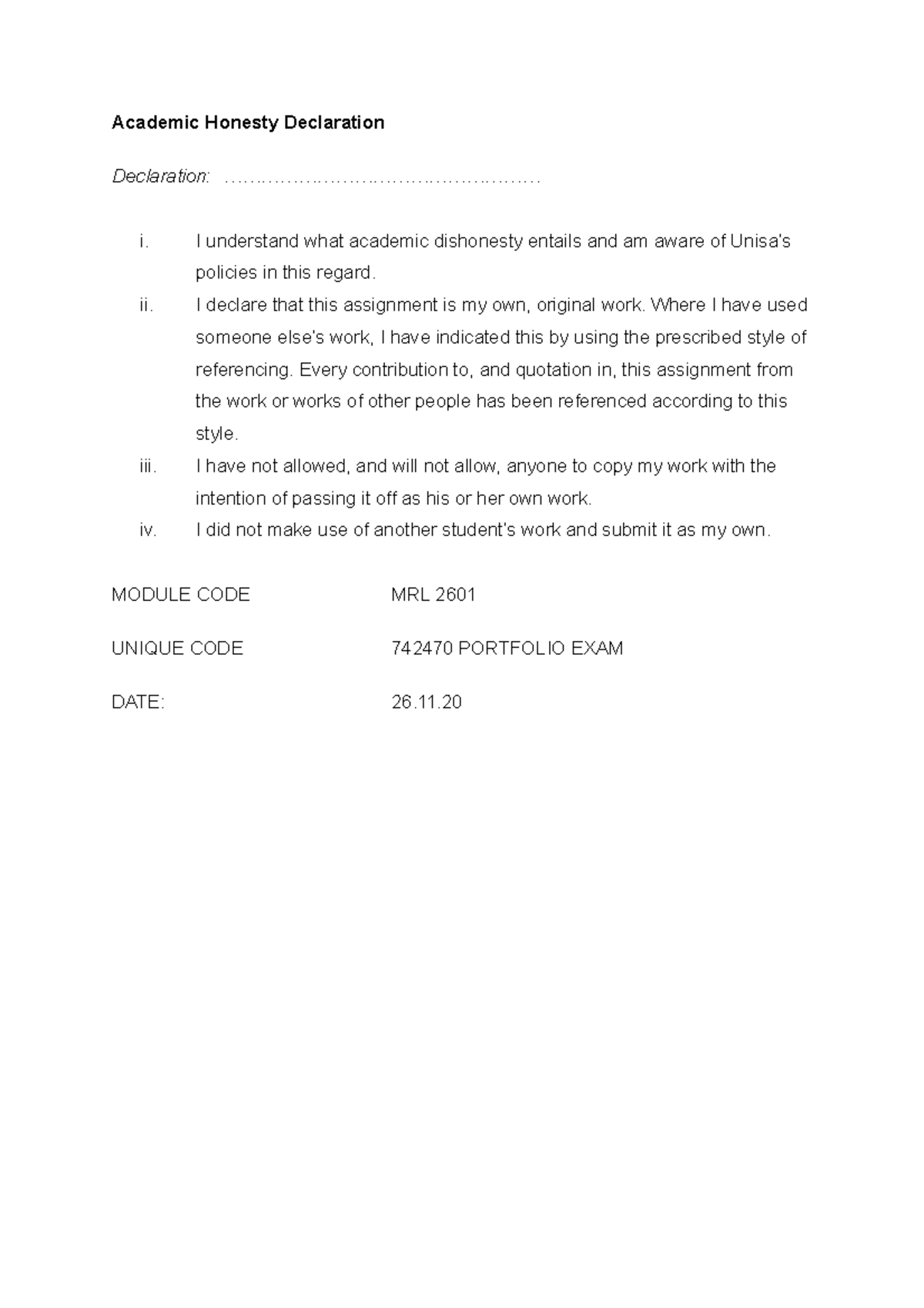 Portfolio Exam MRL 2601.docx Studocu - Academic Honesty Declaration ...