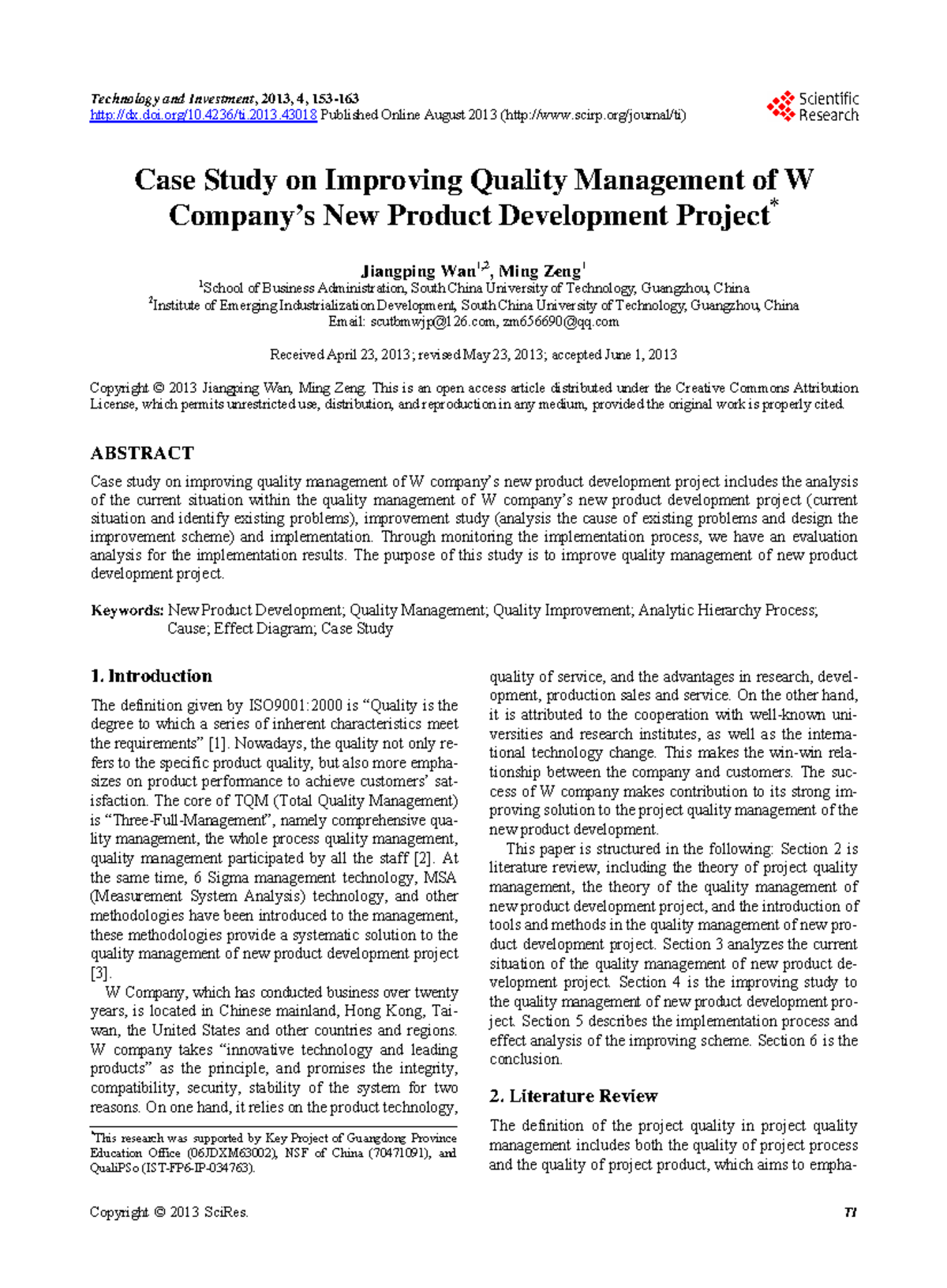 1 Case Study on Improving Quality Management of W Company’s New Product ...