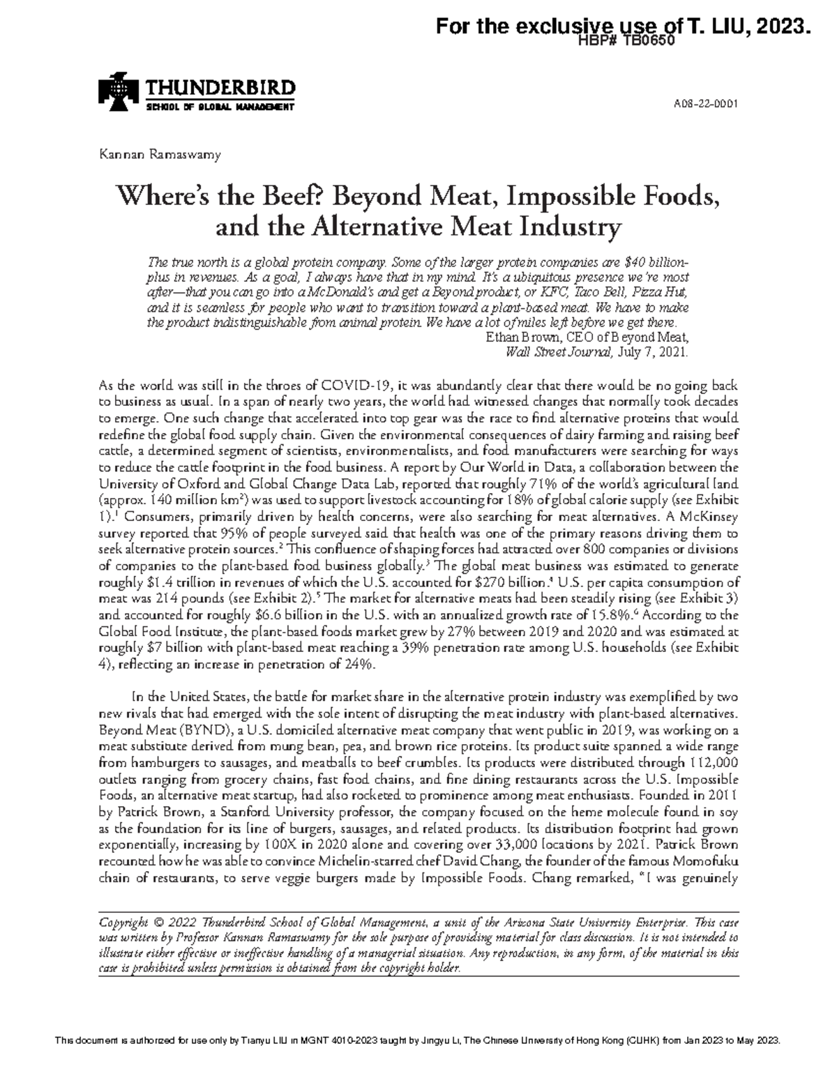 Impossible meat - Case materials - HBP# TB A08-22- Kannan Ramaswamy ...