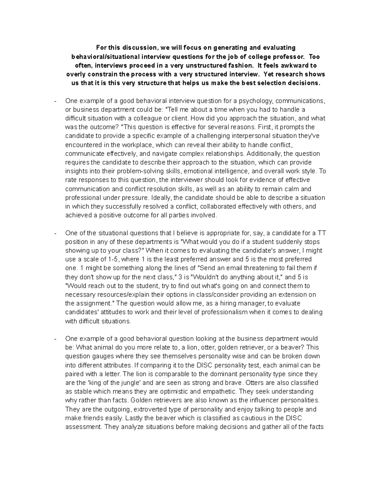 5th Discussion Behavioral and Situational Interviewing Pt. 6 - For this ...