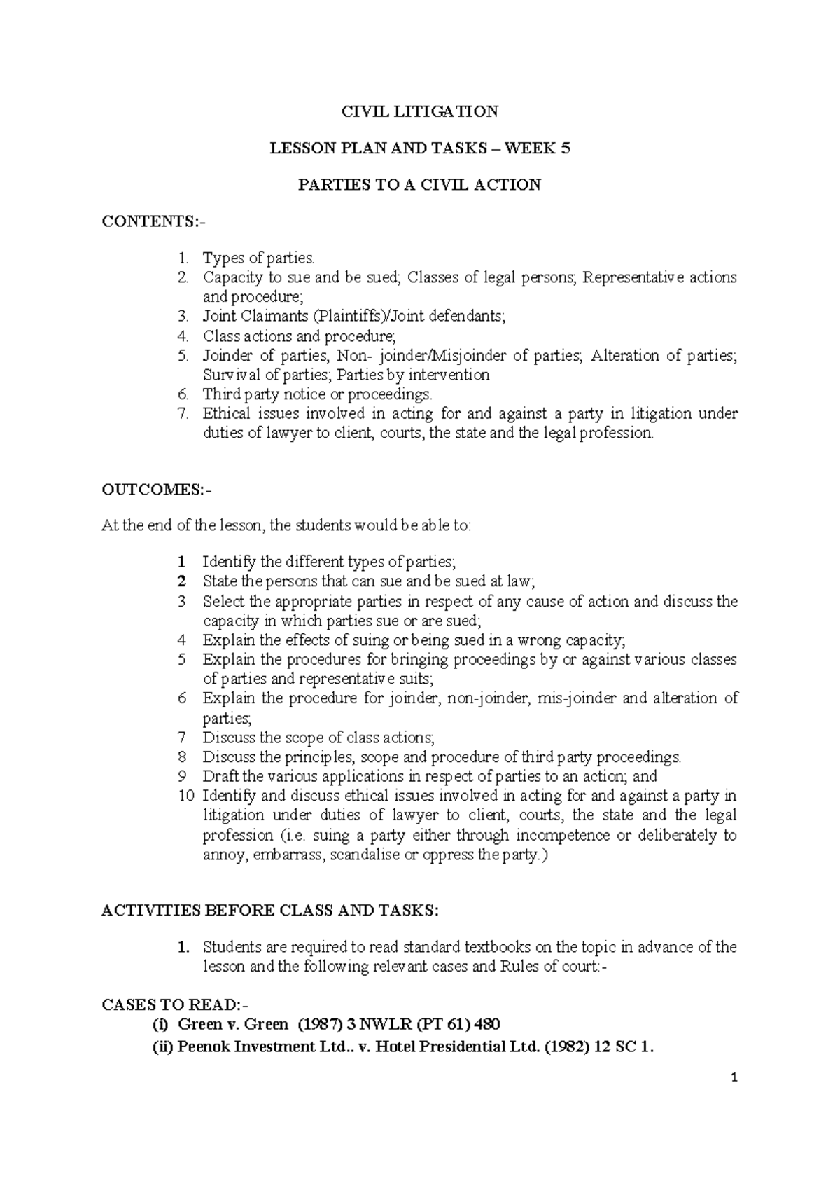 Civil Litigation Lesson PLAN AND Tasks (WEEK 5) Parties TO A Civil ...