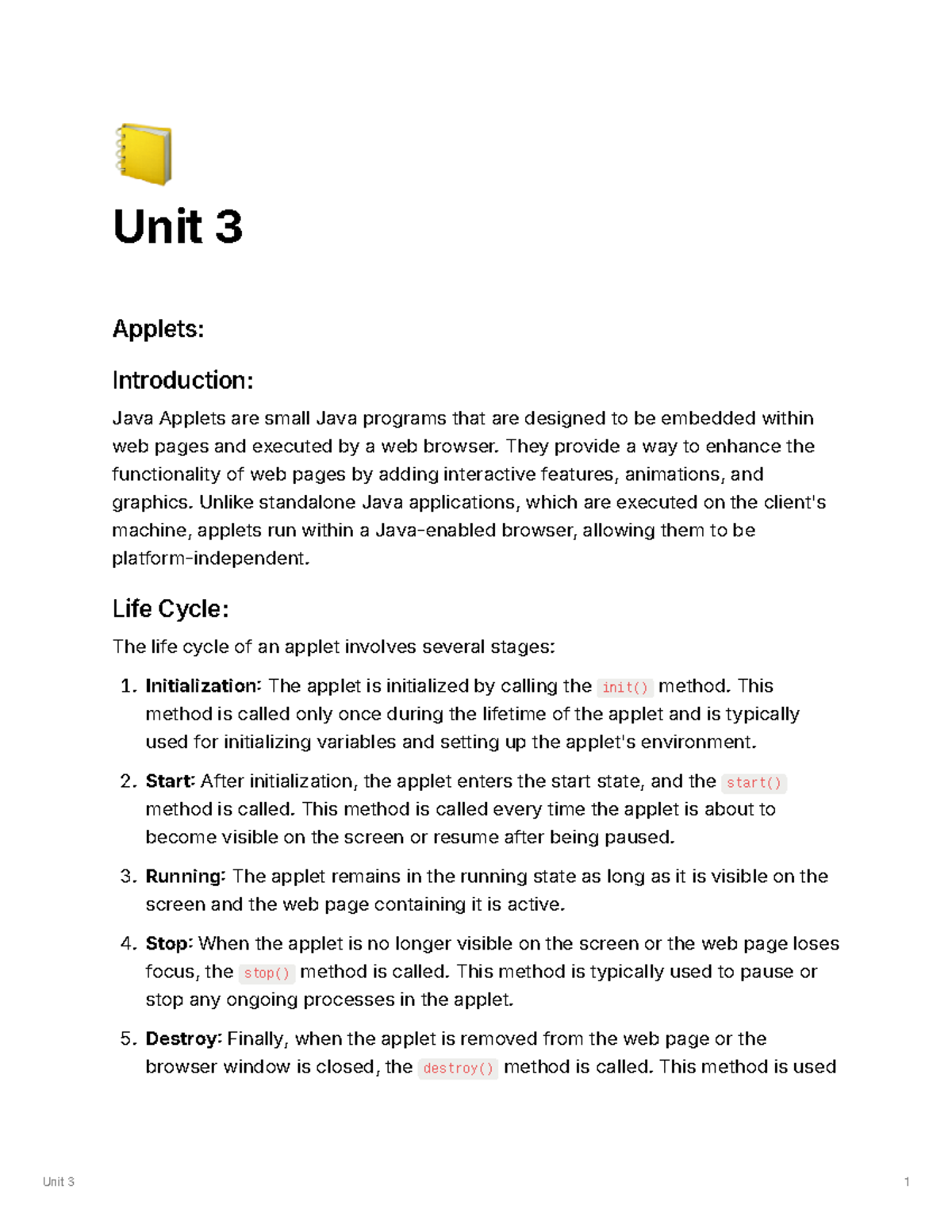 Java Full Unit 3 - Unit 3 include several topics which are UNIT 3 Applets and Event Handling 3.1 ...