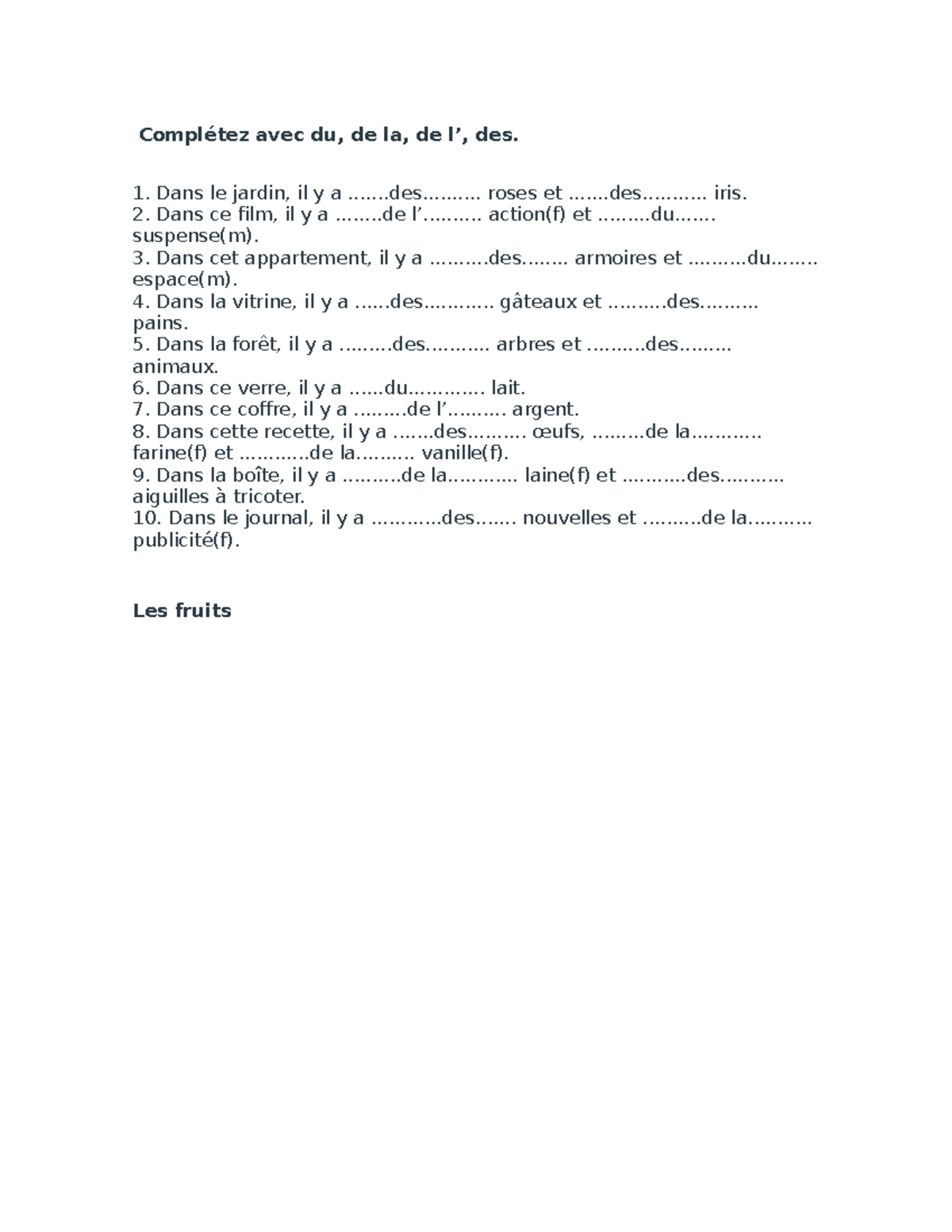 Évaluation Francais - evaluaciones frances - Complétez avec du, de la ...