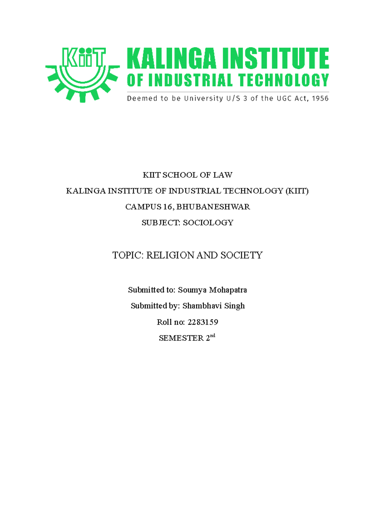 Religion AND Society - KIIT SCHOOL OF LAW KALINGA INSTITUTE OF ...