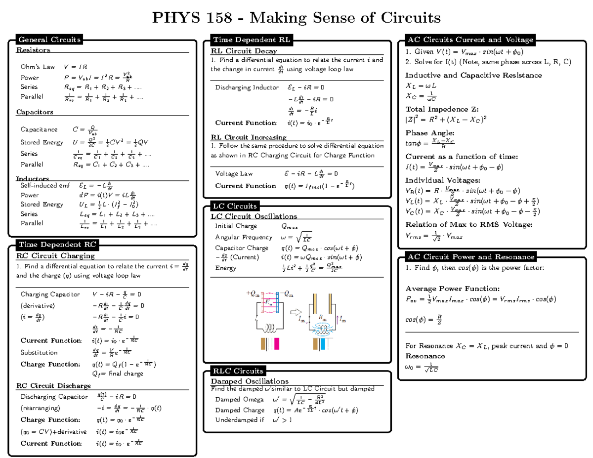 PHYS 158 Formula Sheet PHYS 158 Making Sense Of Circuits Resistors