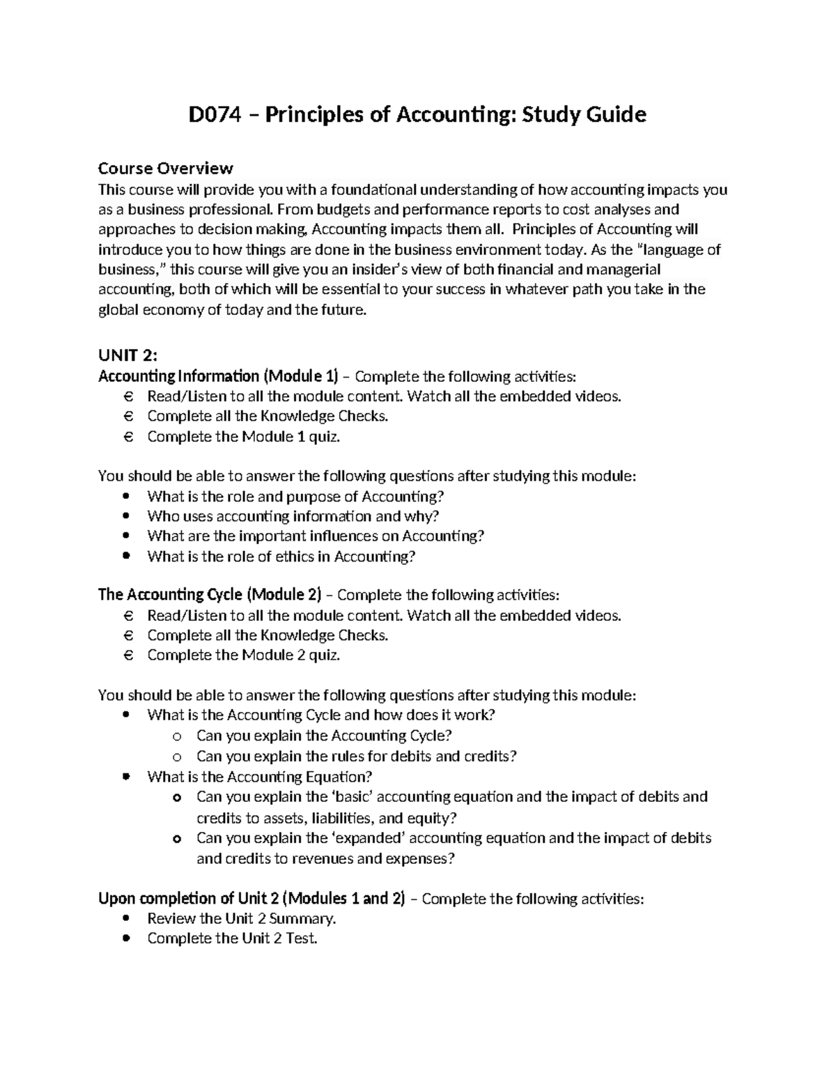 D074 Study Guide - D074 – Principles of Accounting: Study Guide Course ...