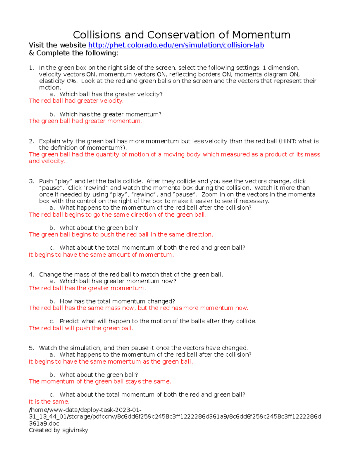 PHY-280 - Physics I Coursework LAB Material - Collisions and ...