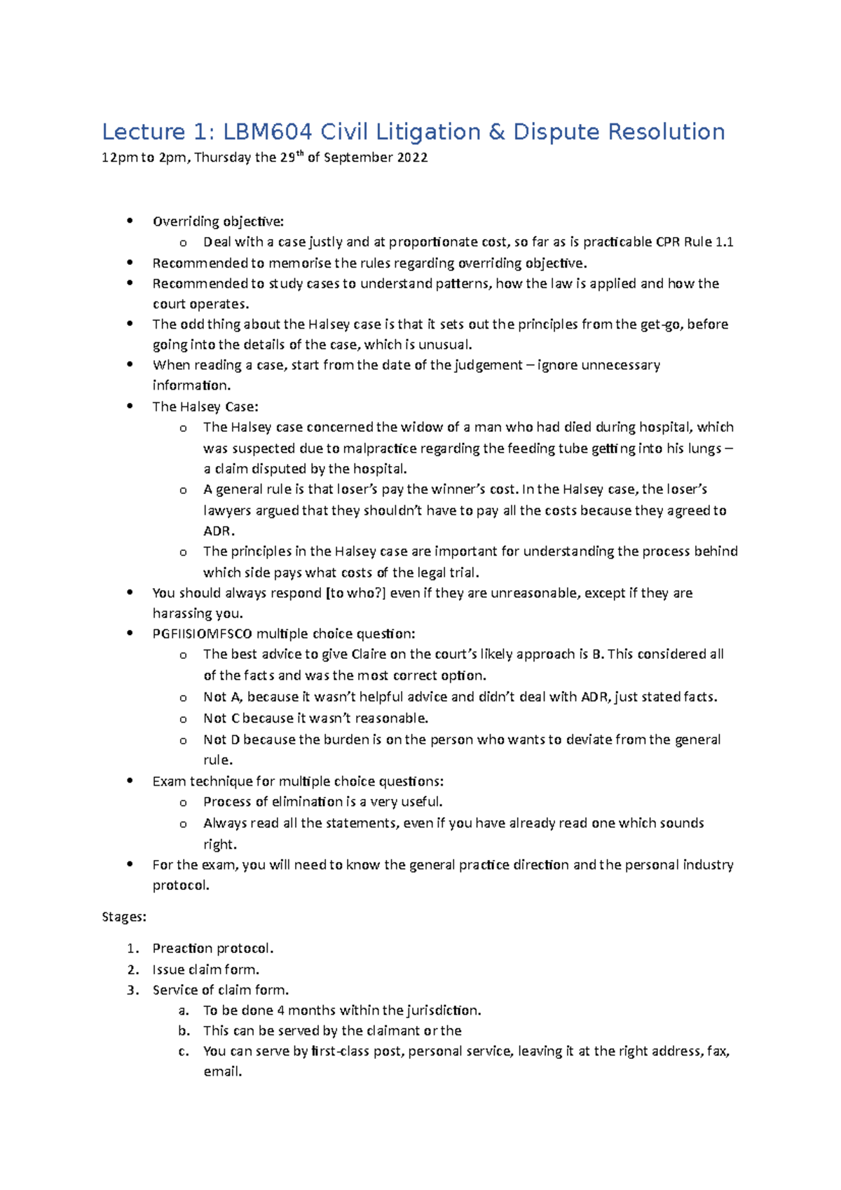 Lecture Notes - Lecture 1: LBM604 Civil Litigation & Dispute Resolution ...