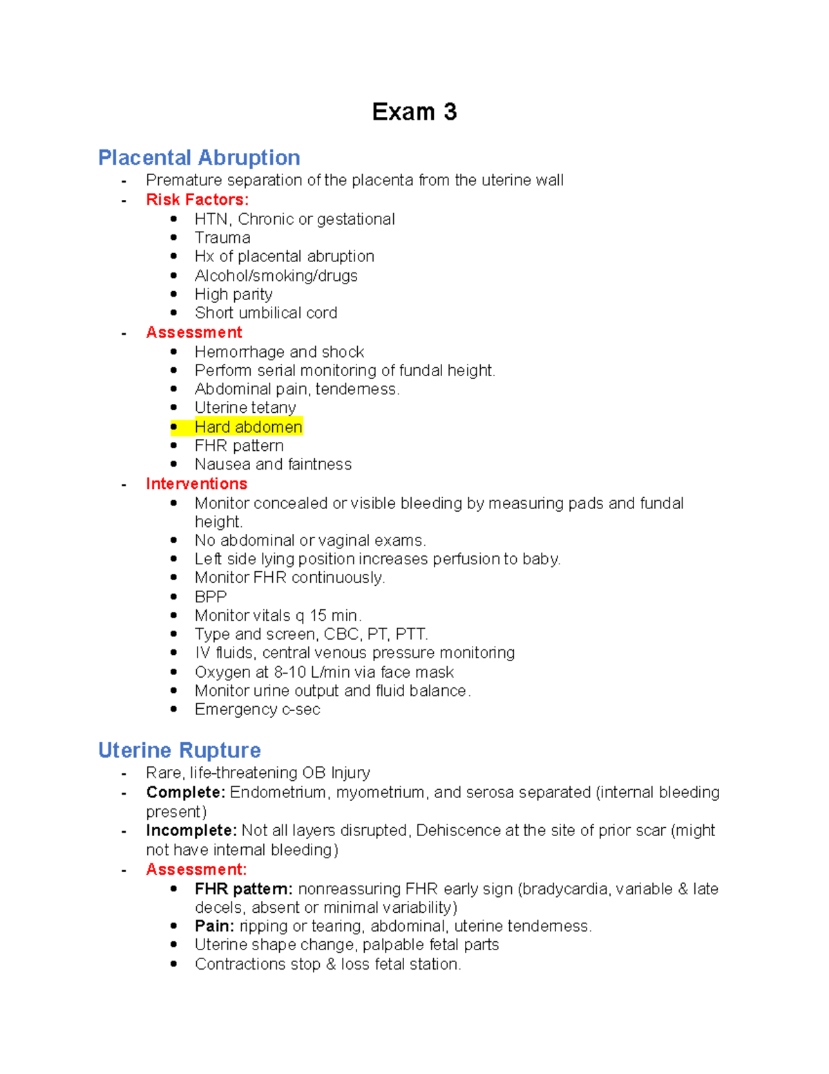 High Risk OB Notes - Exam 3 Placental Abruption Premature separation of ...