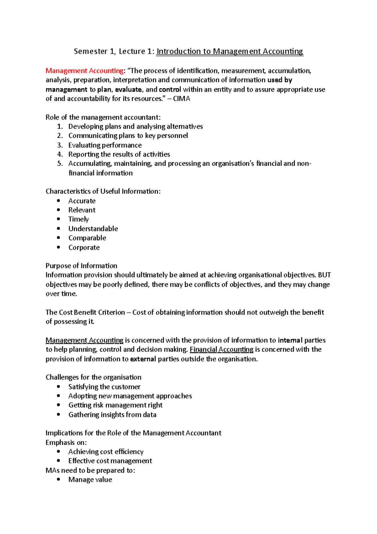 Management Accounting Notes 16BSB005 - Semester 1, Lecture 1 ...