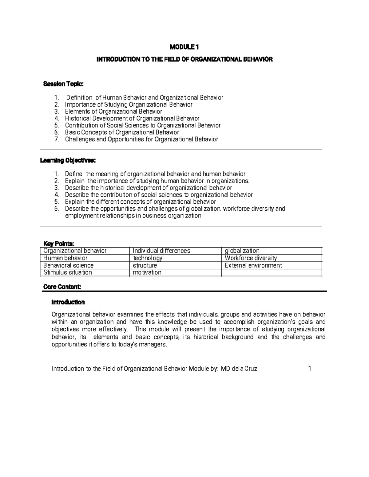 Module 1 Intro to Organizational Behavior - MODULE 1 INTRODUCTION TO ...