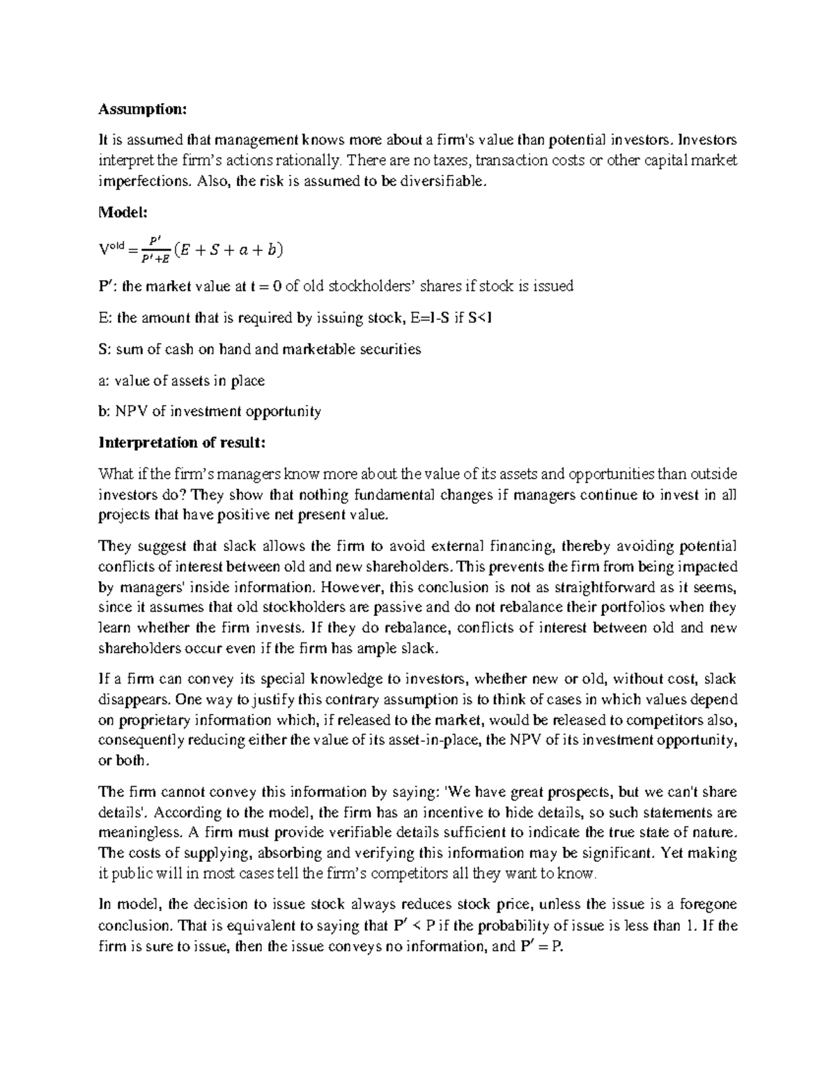 Paper - model - Assumption: It is assumed that management knows more ...