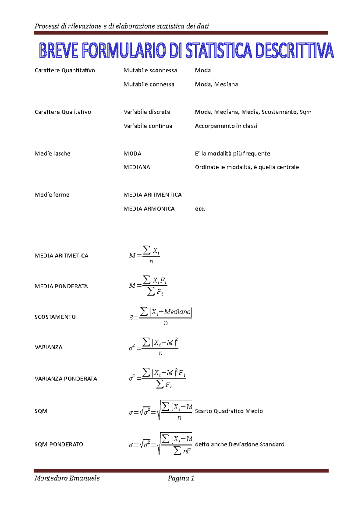 Formulario statistica descrittiva - Processi di rilevazione e di ...