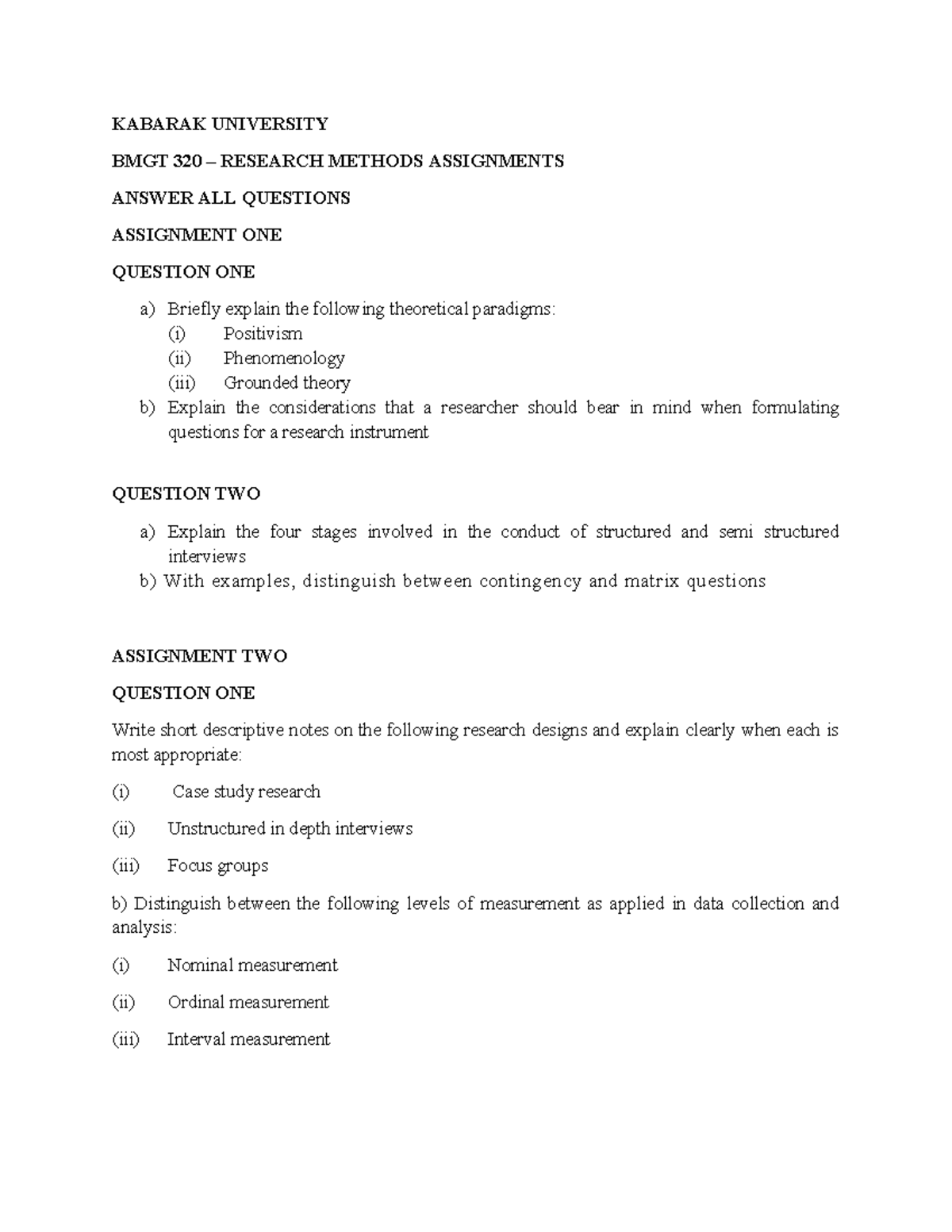 BMGT 320 NOV 2024 Asgts - Assignment - KABARAK UNIVERSITY BMGT 320 – RESEARCH METHODS ...