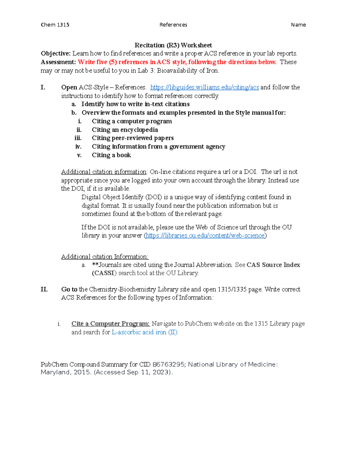 References Worksheet R-3 - Chem 1315 References Name Recitation (R3 ...