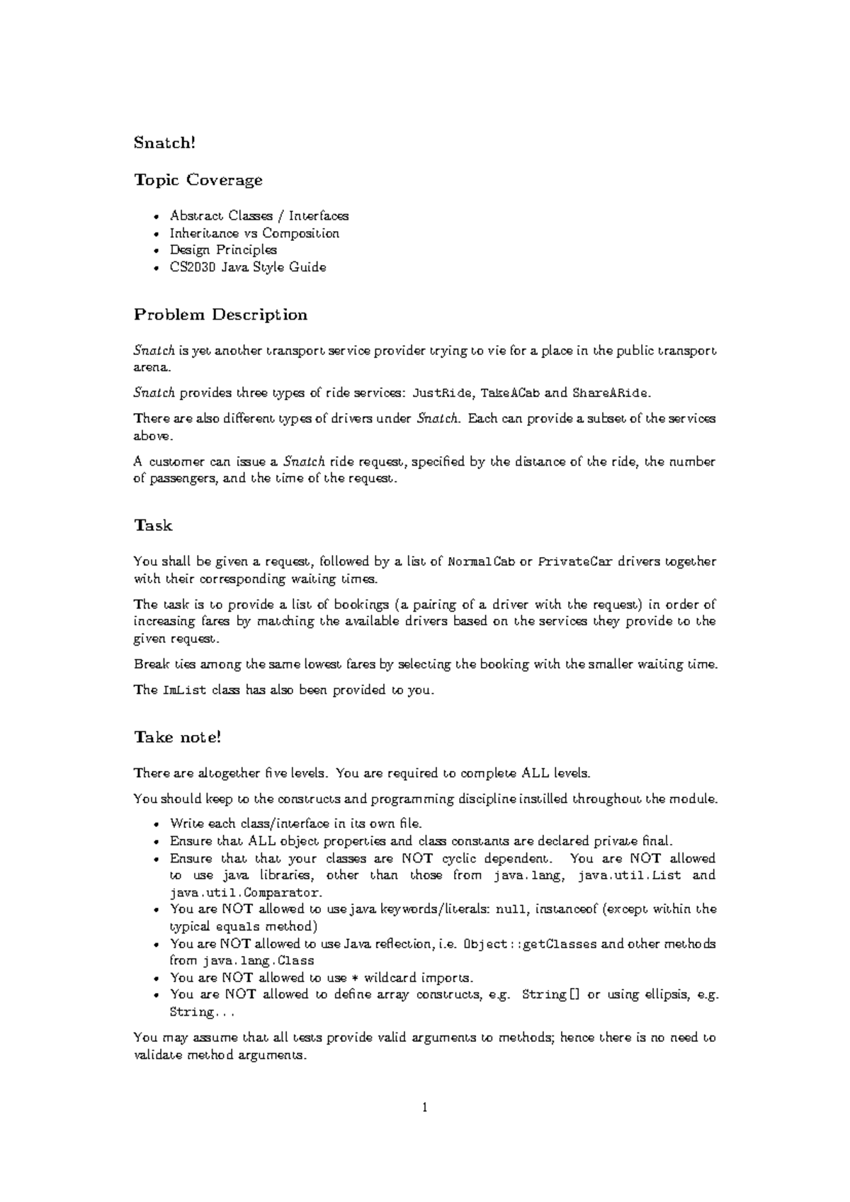 CS2030 Lab Mock PA - Snatch! Topic Coverage Abstract Classes ...