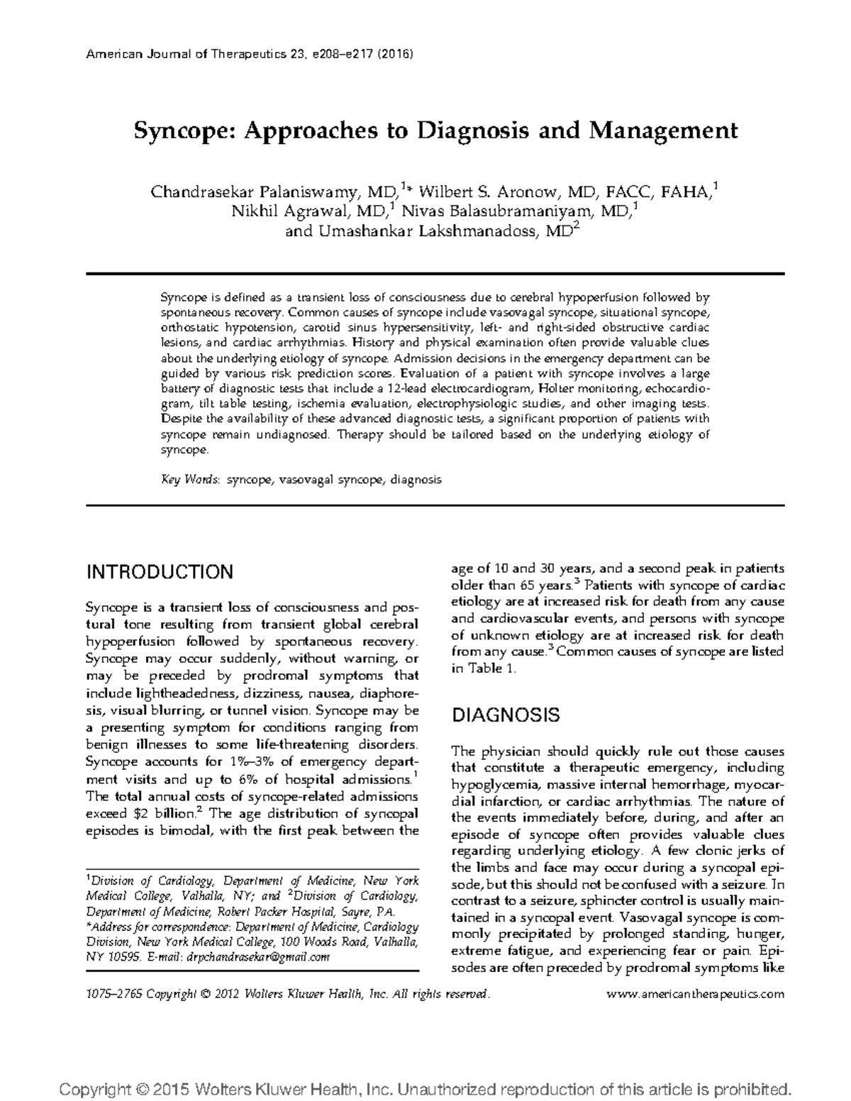 Syncope Approaches to Diagnosis and Management palaniswamy 2016 ...