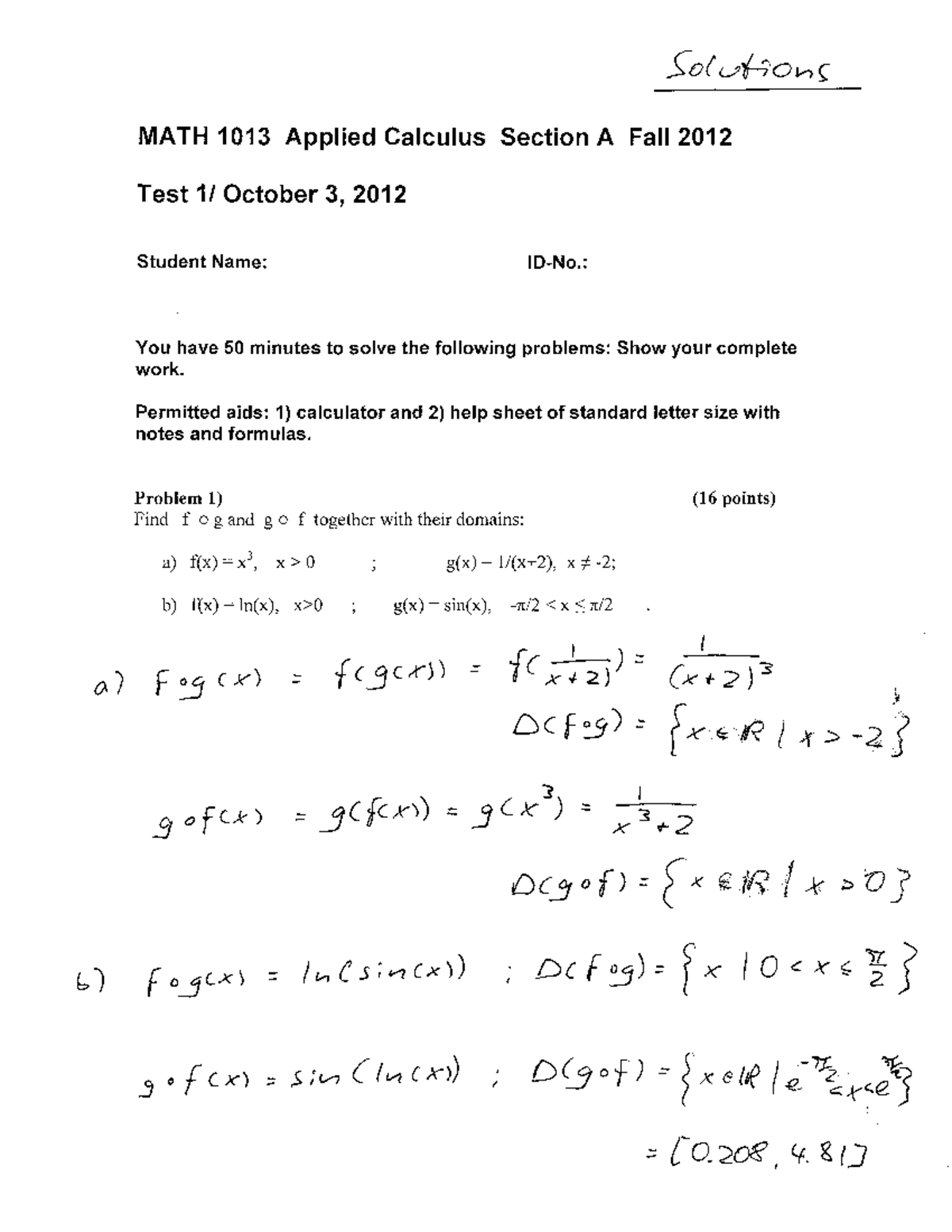 Practice exam 2012, Questions and answers - Test 1 - o.) MATH 1013 ...