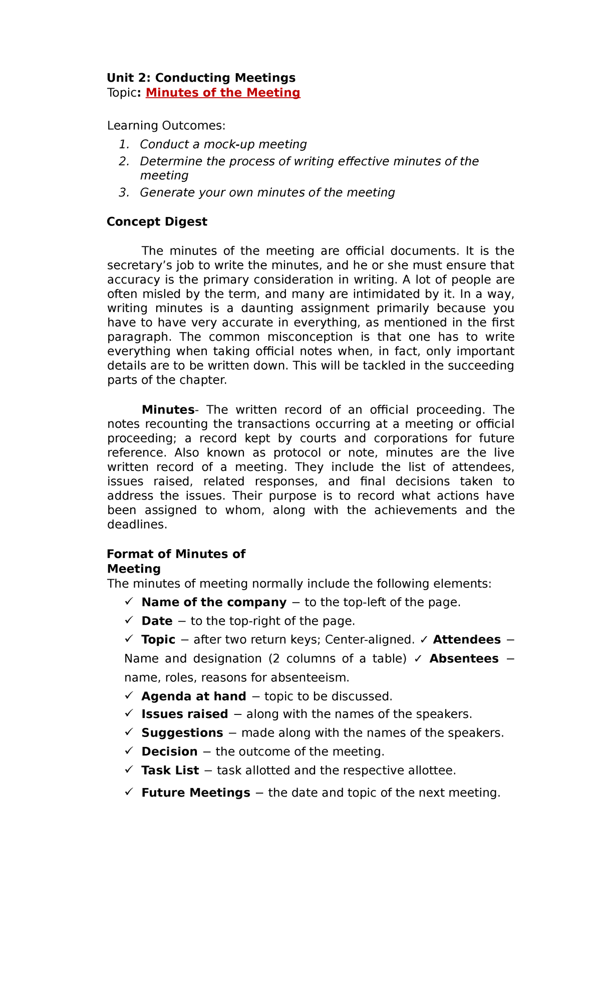 Minutes of the Meeting - Unit 2: Conducting Meetings Topic: Minutes of ...