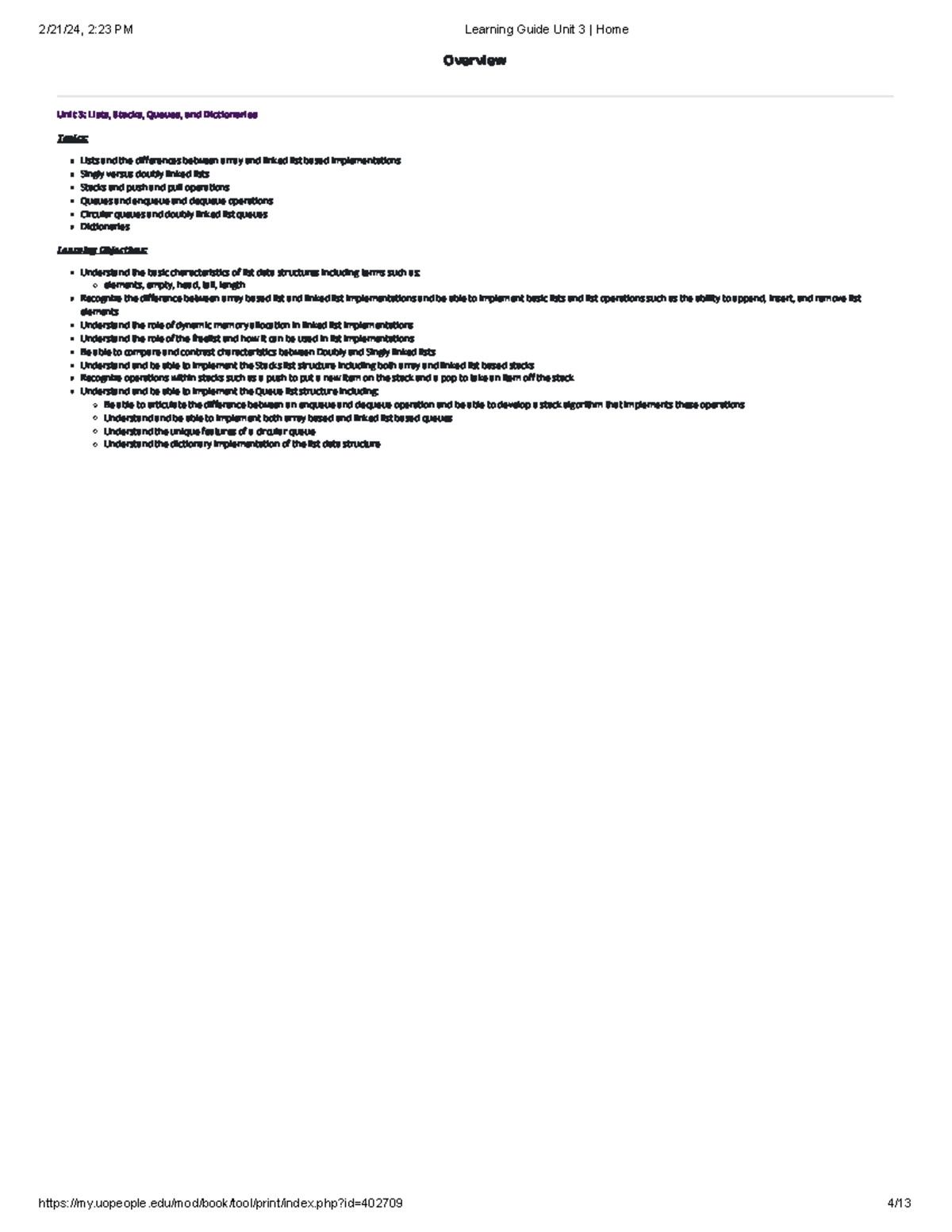 Learning Guide Unit 3 - Overview Unit 3: Lists, Stacks, Queues, and ...