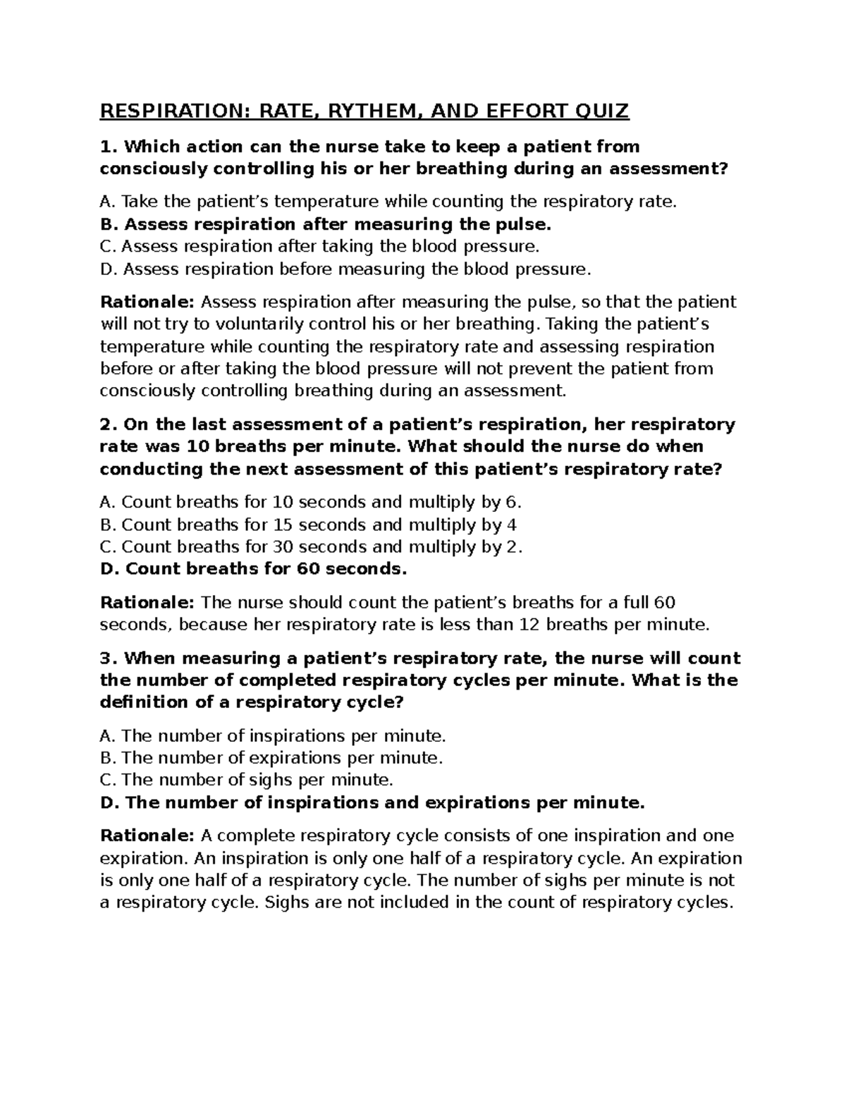 Respiration QUIZ - RESPIRATION: RATE, RYTHEM, AND EFFORT QUIZ Which ...