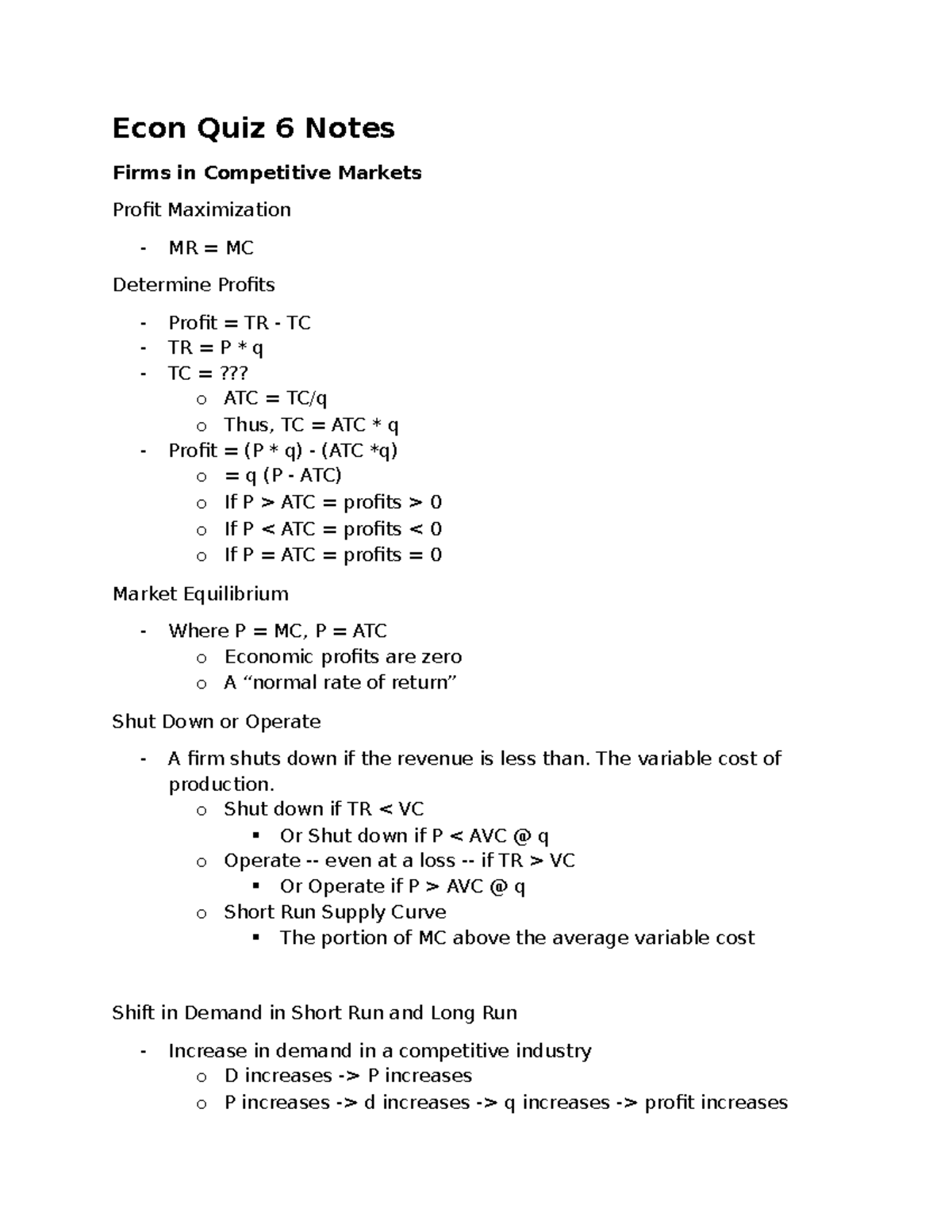 ECON 202 Quiz 6 Notes - Econ Quiz 6 Notes Firms in Competitive Markets ...