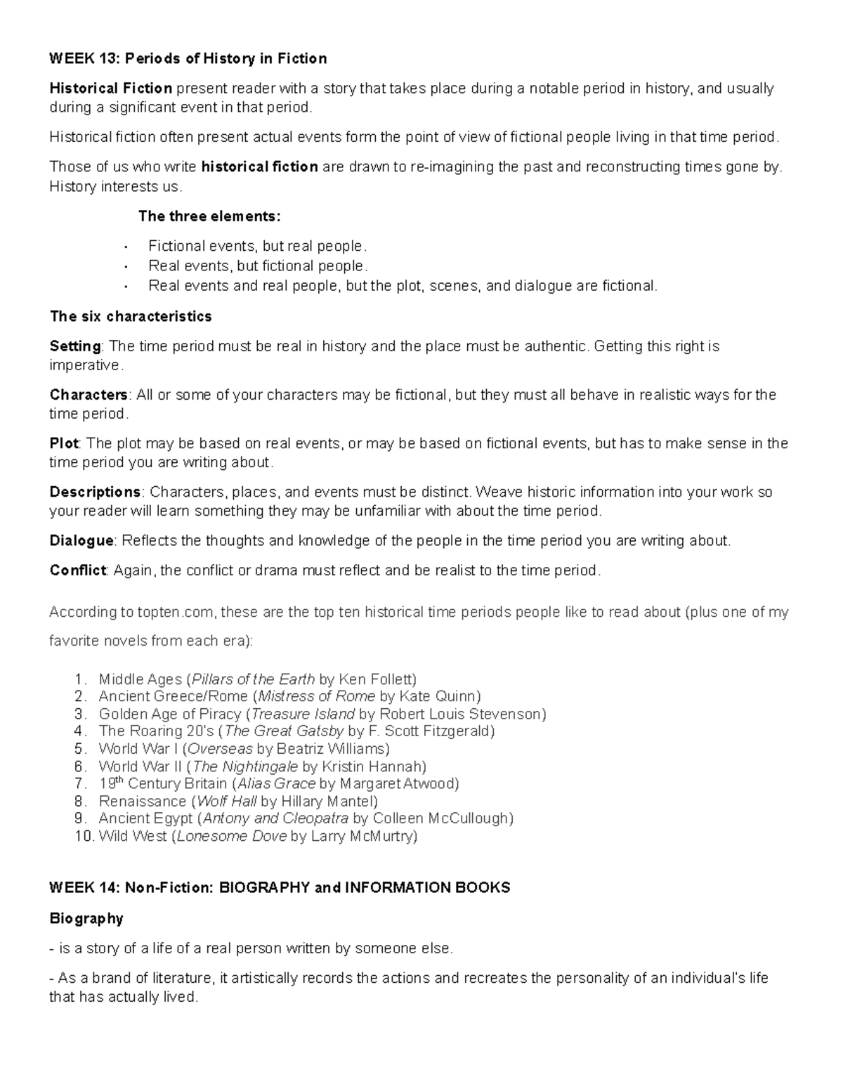 Document - None - WEEK 13: Periods of History in Fiction Historical ...