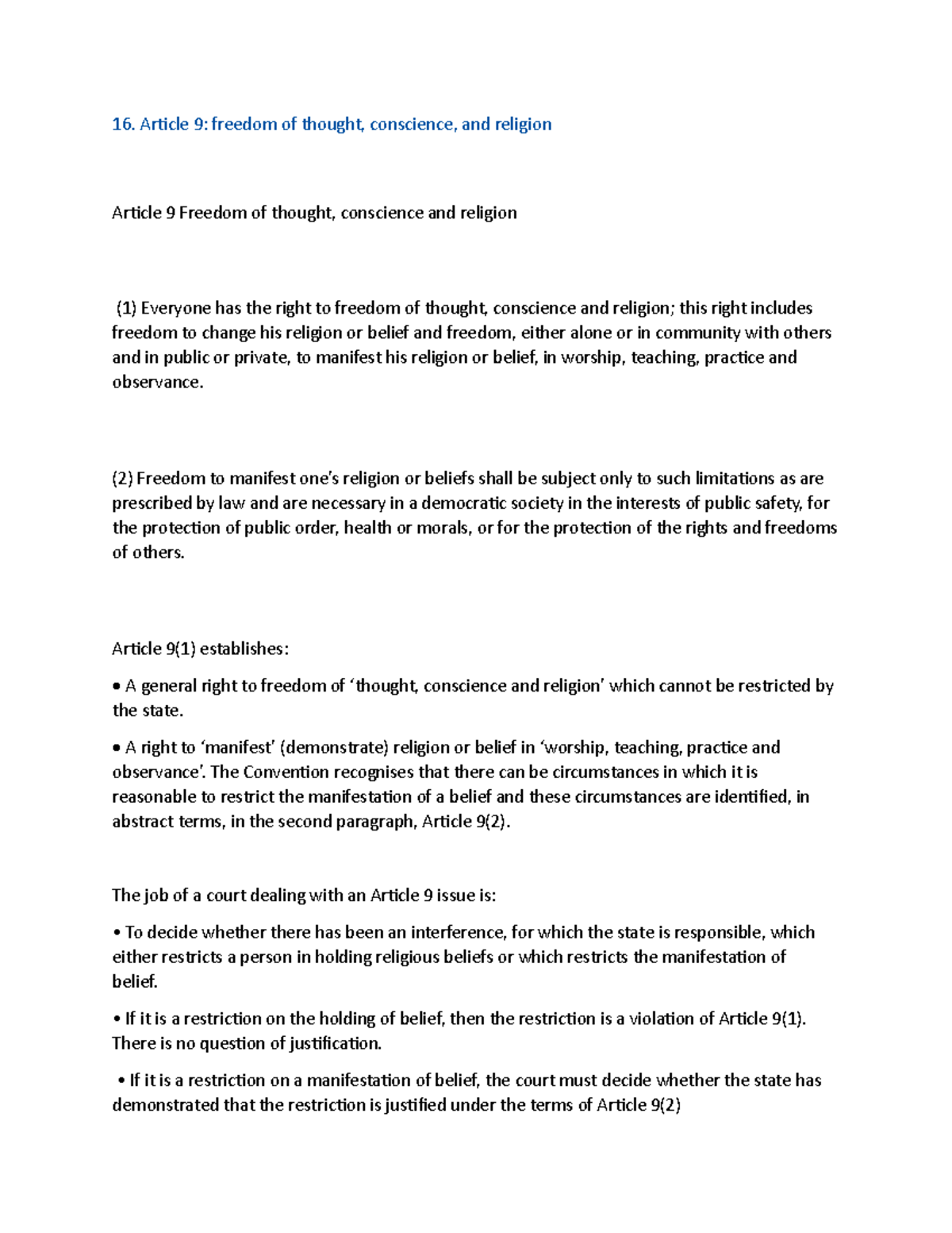 16. Article 9 Freedom of thought, conscience and religion - Article 9 ...