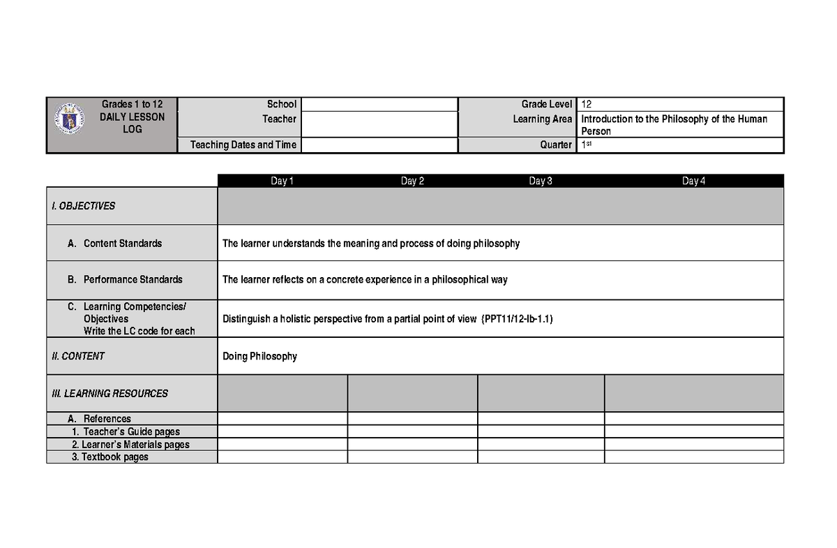 Introduction to the Philosophy of the H - OBJECTIVES A. Content ...